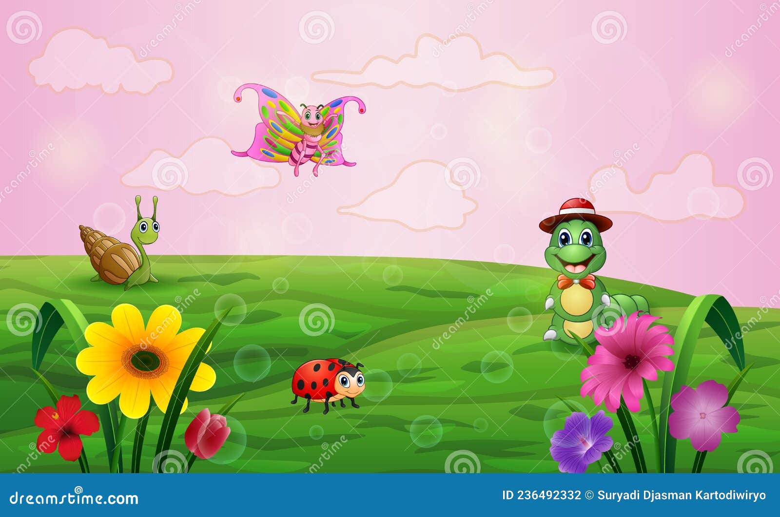 Cartoon Many Insect Living in the Green Meadow Stock Vector ...
