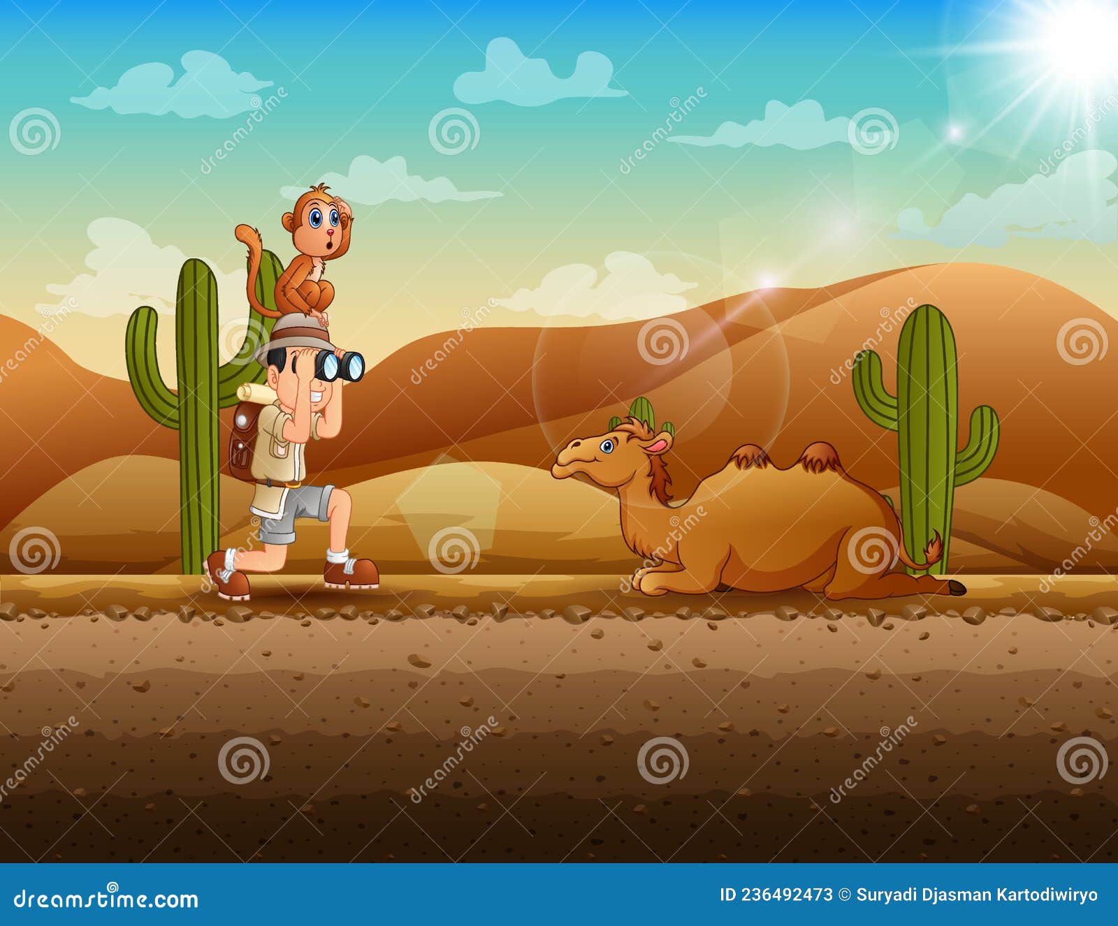 The Explorer Man with Binocular at the Desert Stock Vector ...