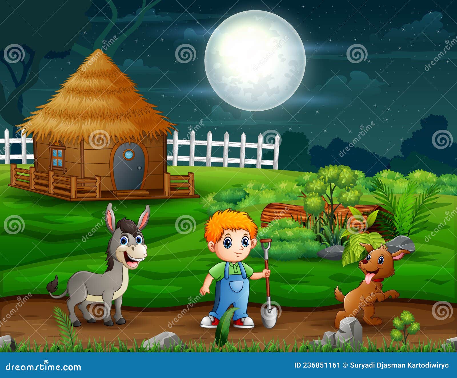 Cartoon of Young Farmer Working at Night Stock Vector - Illustration of ...