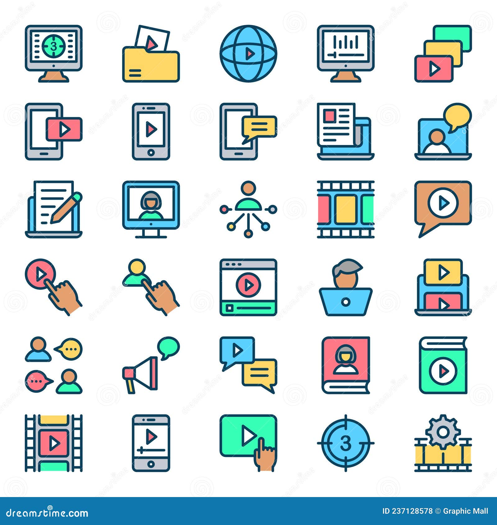 Filled Color Outline Icons for Video Content. Stock Vector ...