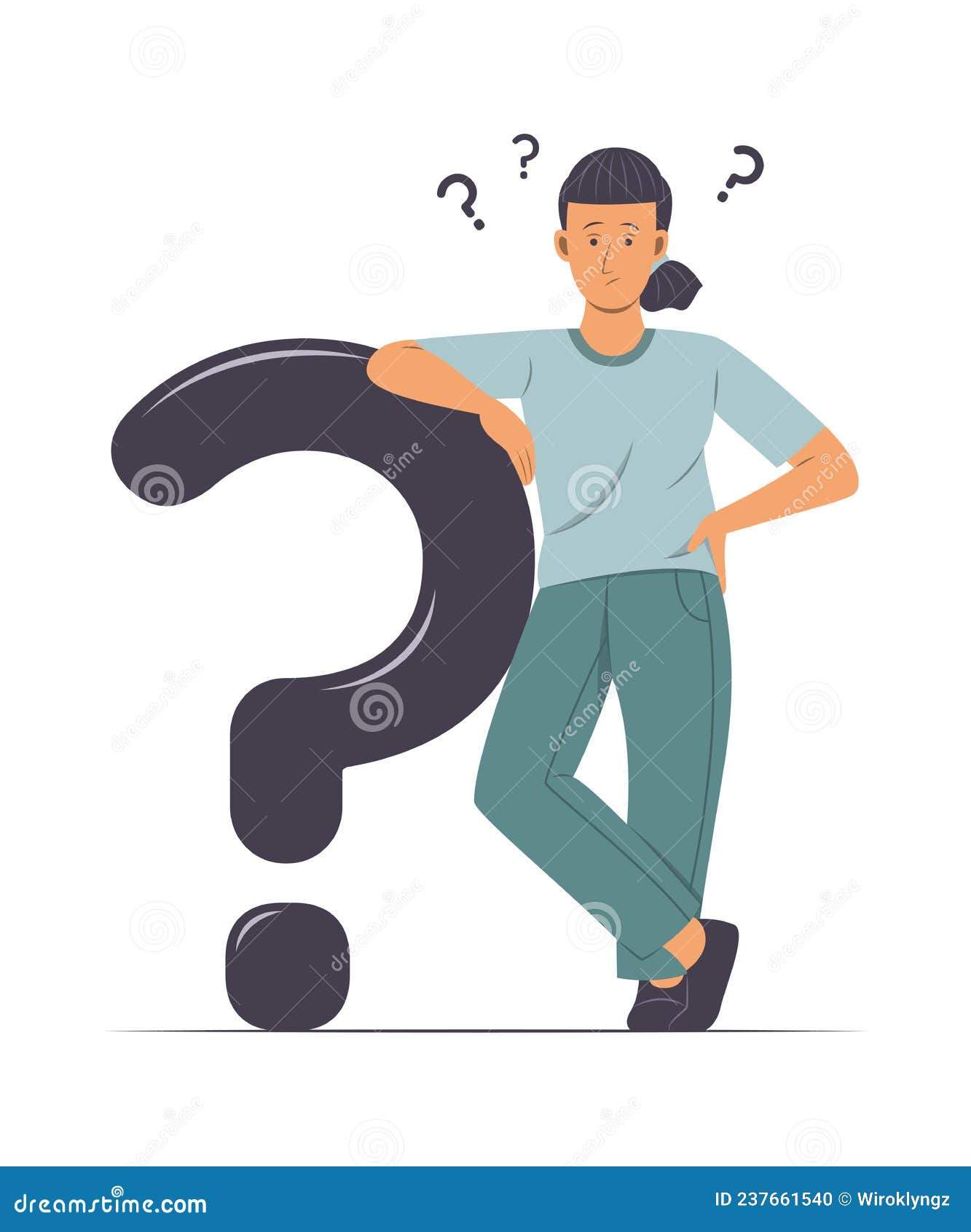 Woman Leaning Against a Question Mark and Thinking Concept Illustration ...
