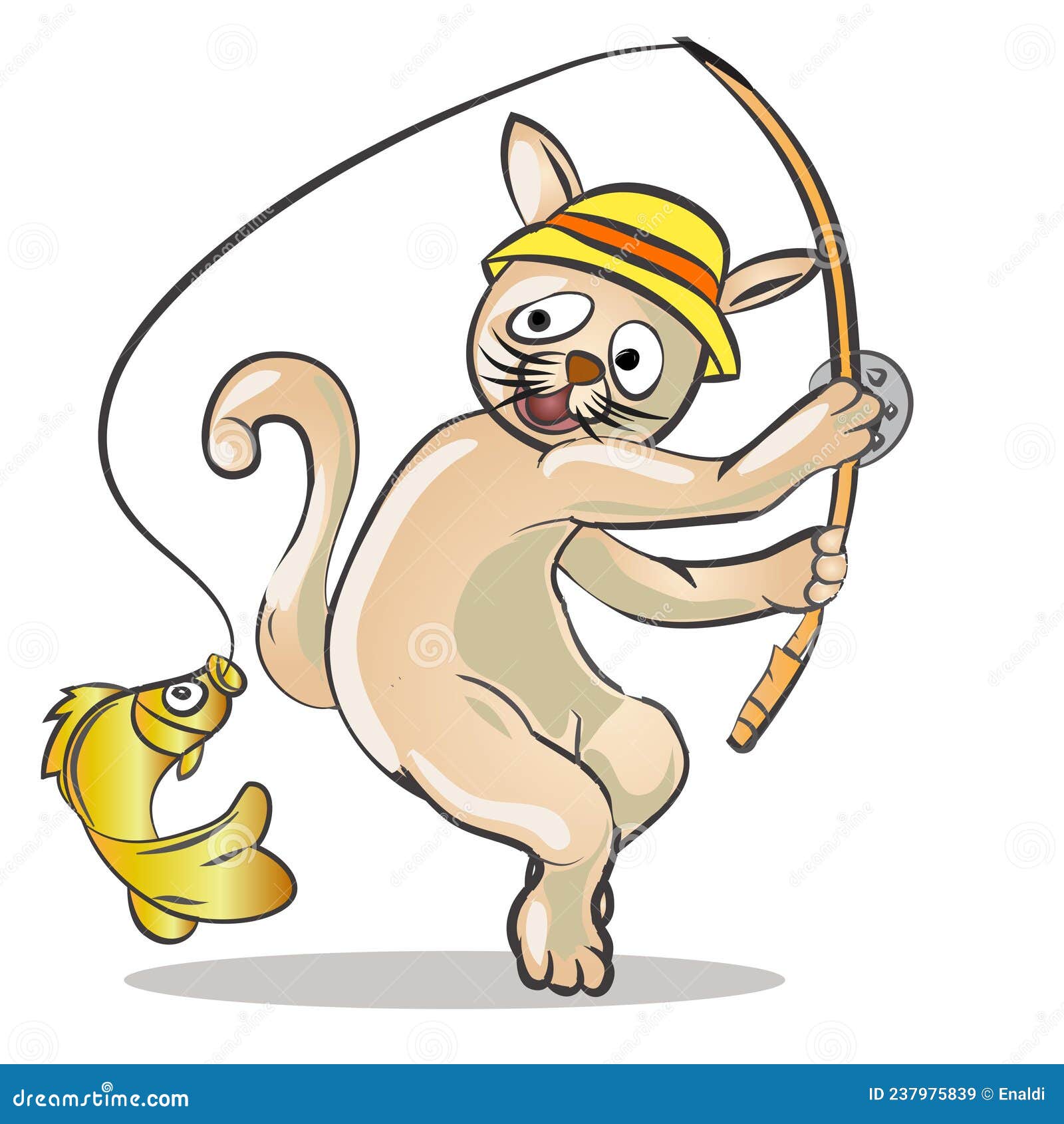 Funny Fisherman Character Standing On Wooden Pier And Dreaming To Catch ...