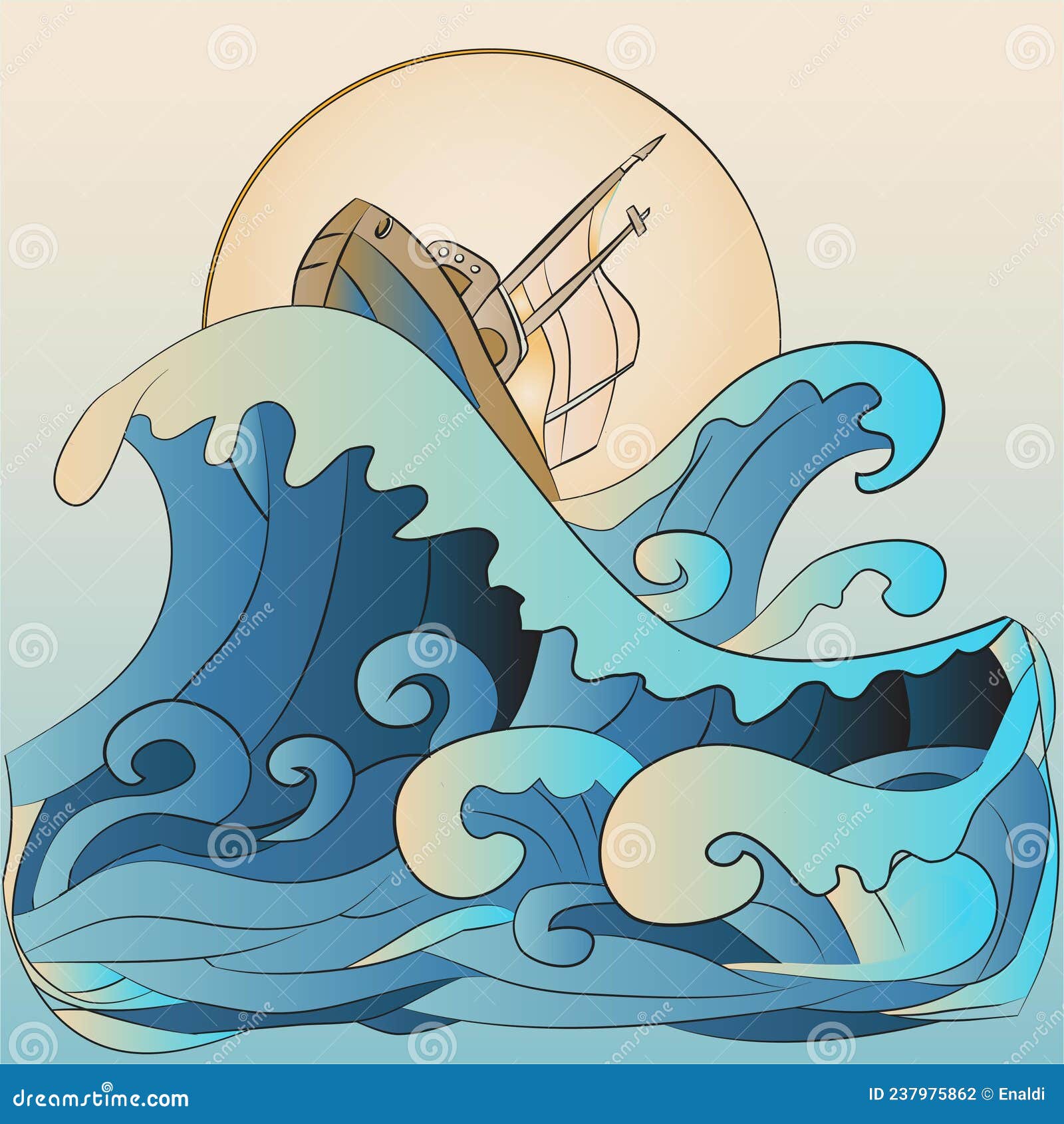 Boat and Ocean Waves Vector Illustration and T-shirt Graphics Stock ...
