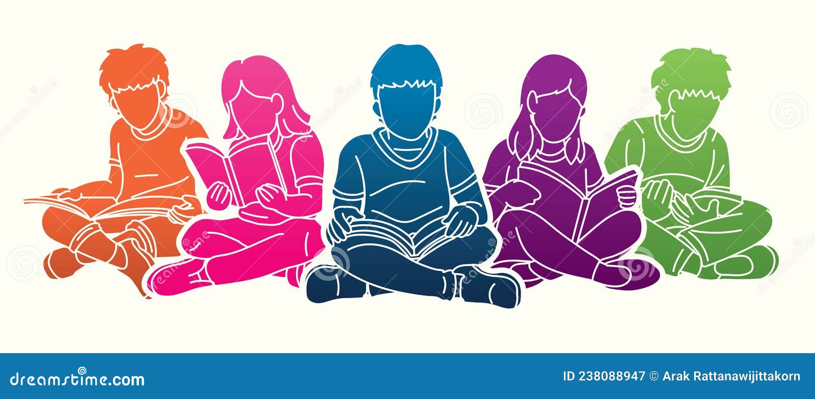 Group of Children Reading Books Together Cartoon Silhouette Graphic ...