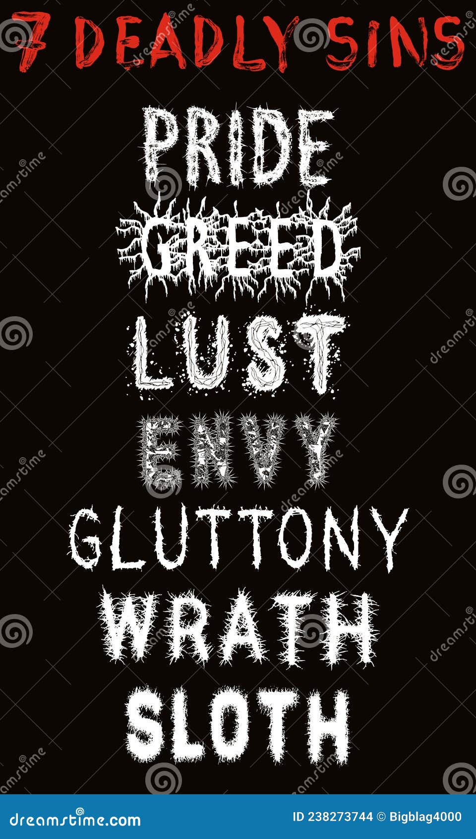Seven Deadly Sins.List of 7 Style Fonts on Black Background.Vector ...