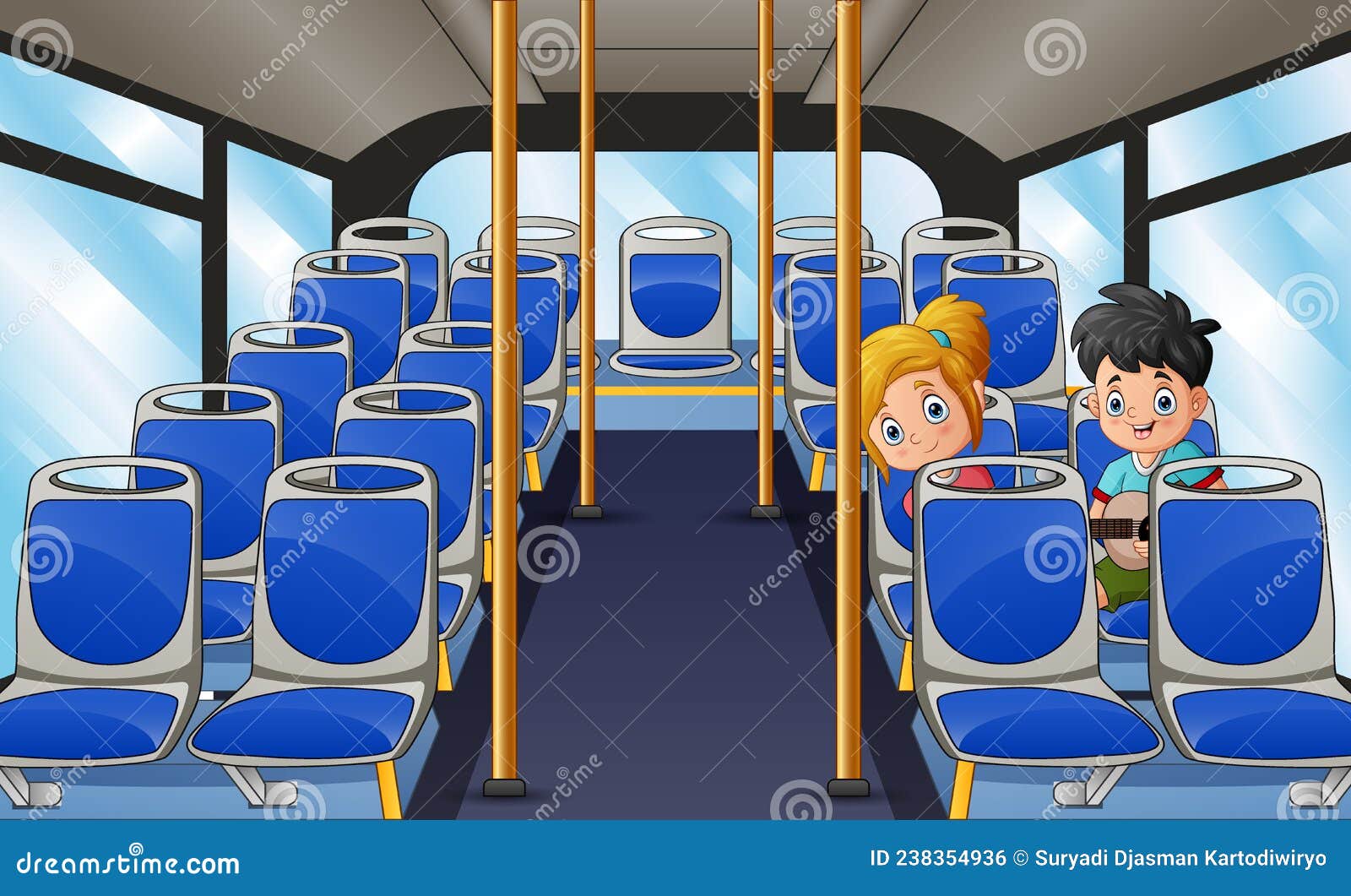 Cartoon Teenage Boy and Girl Singing Inside the Bus Stock Vector ...