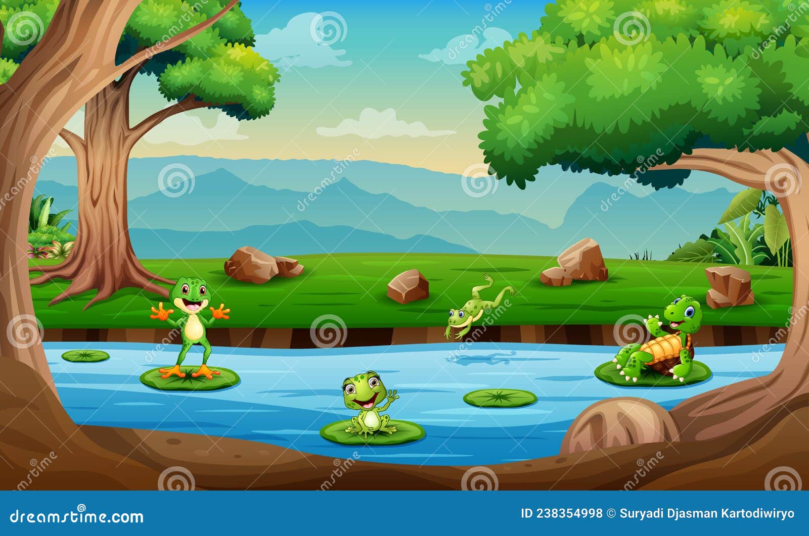 Happy Turtles and Frogs Playing in the River Stock Vector ...