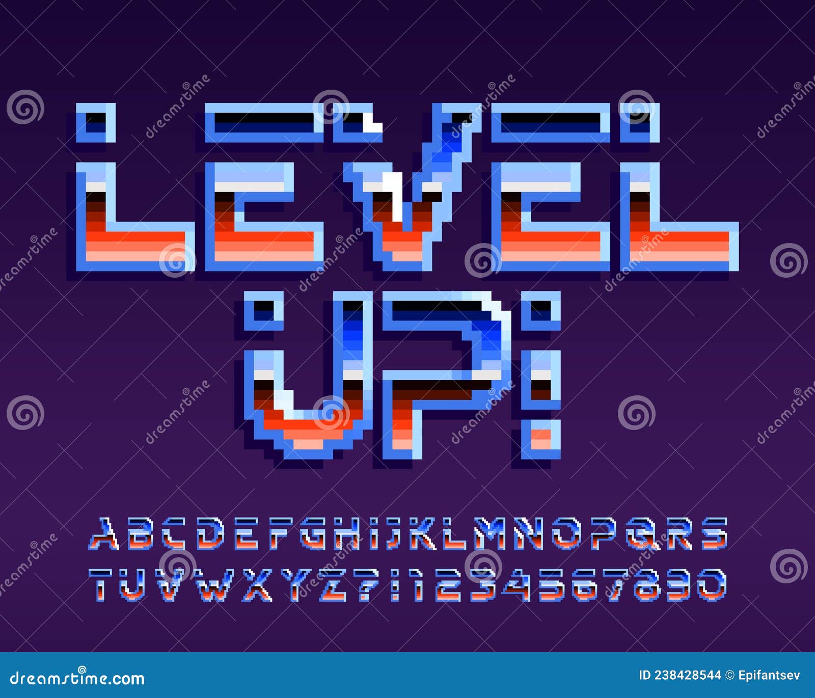 Level Up Alphabet Font. Pixel Letters and Numbers Stock Vector ...