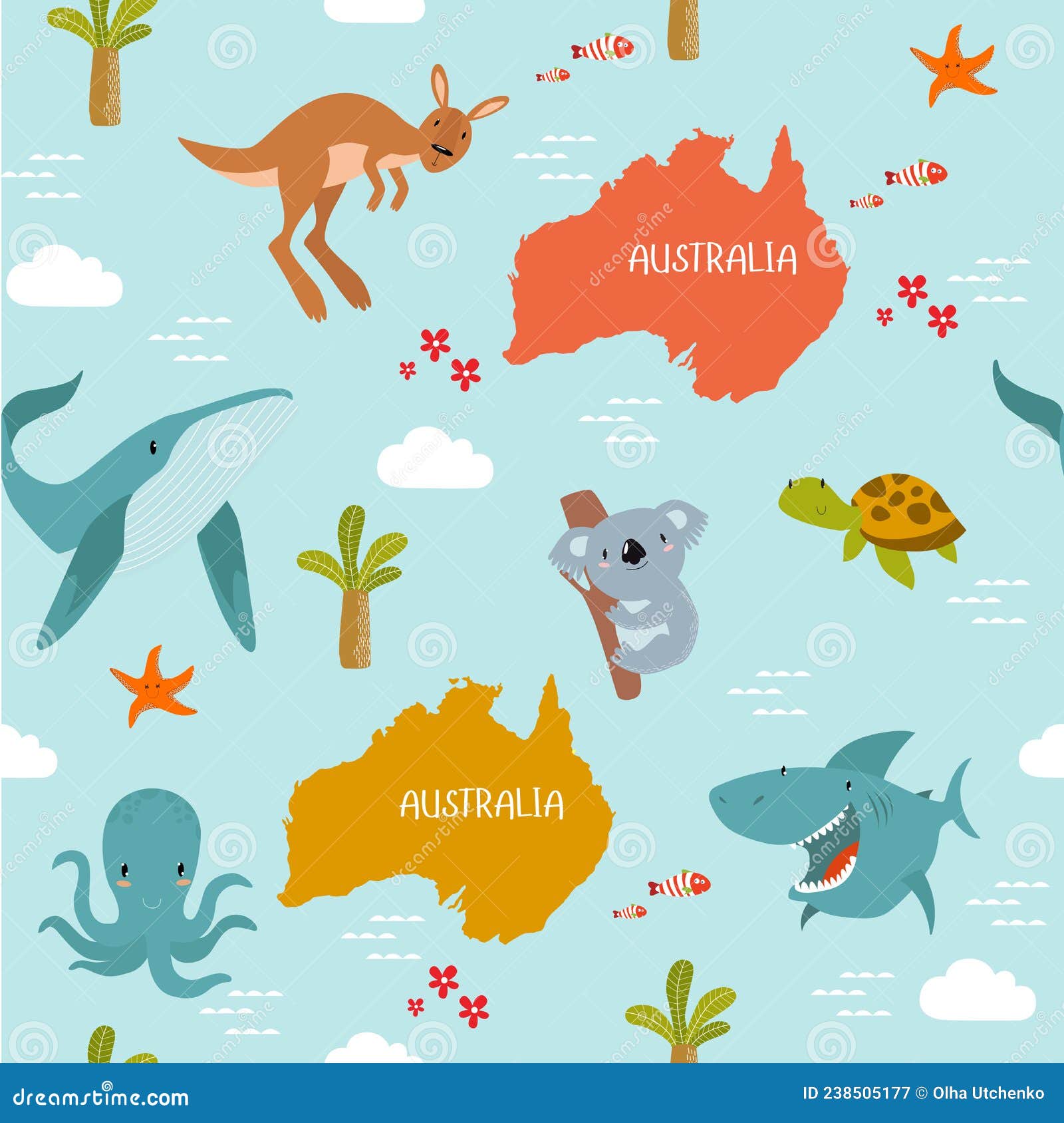 Print. Vector Background Australia with Cartoon Animals. Stock Vector ...