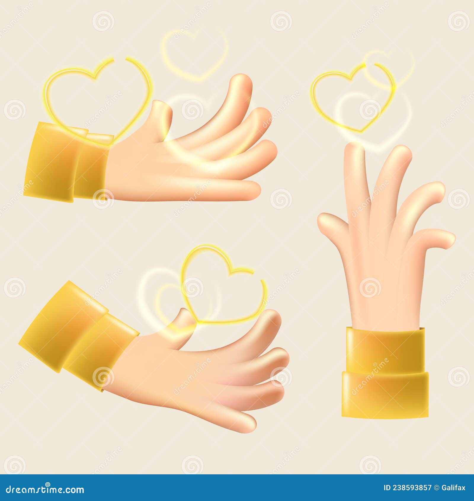3d Cartoon Hands with Glowing Heart Sign. Stock Vector - Illustration ...