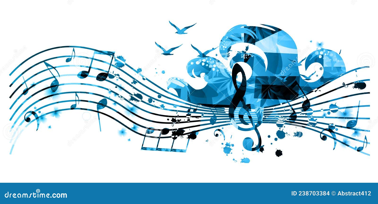Musical Poster with Musical Notes, Waves and Gulls Isolated Vector ...