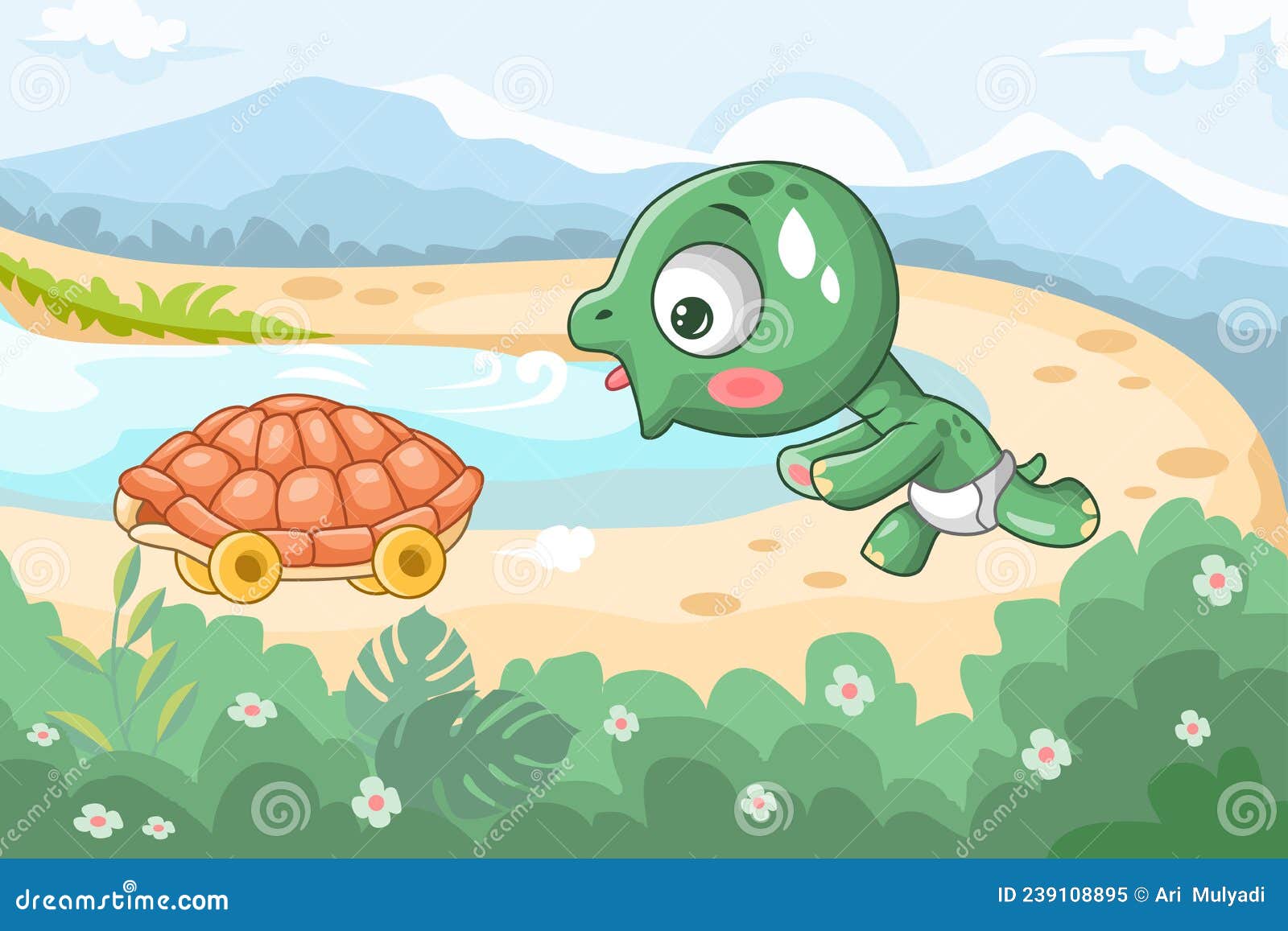 Cartoon Cute Little Tortoise Chasing Its Shell on a Lake View ...