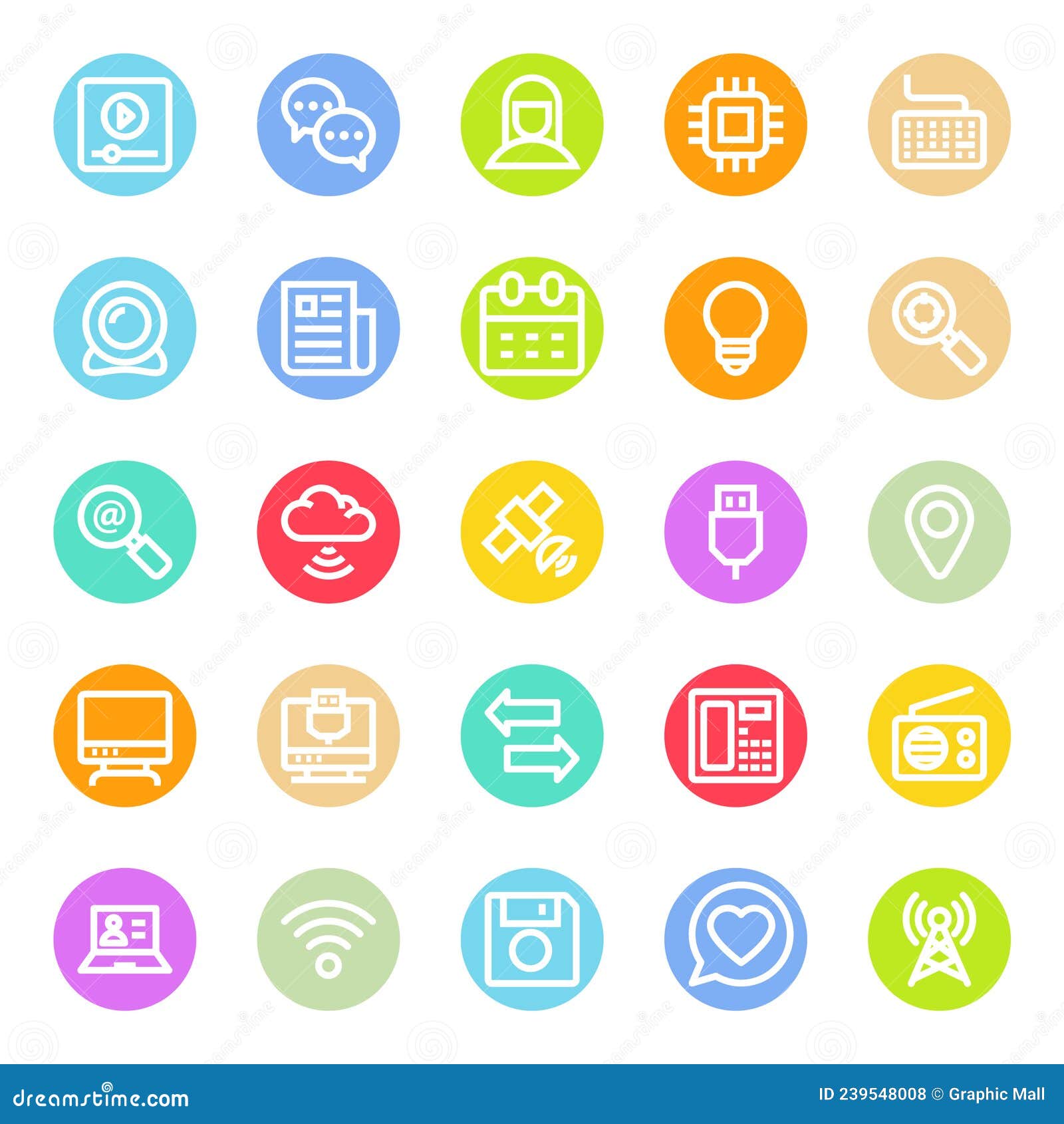 Circle Color Outline Icons for Network and Communication. Stock Vector ...