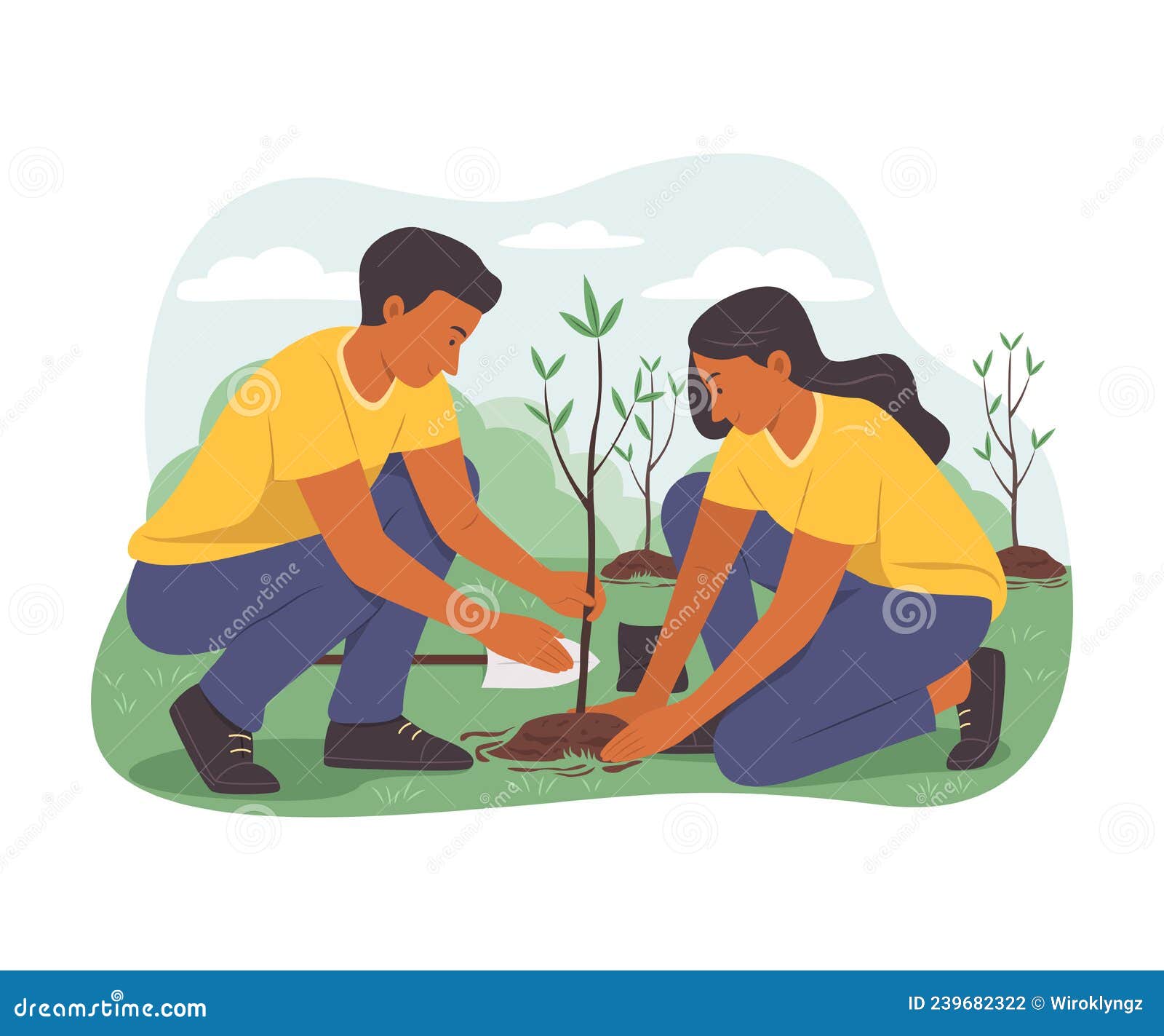Volunteers Planting the Tree. Stock Vector - Illustration of cartoon ...