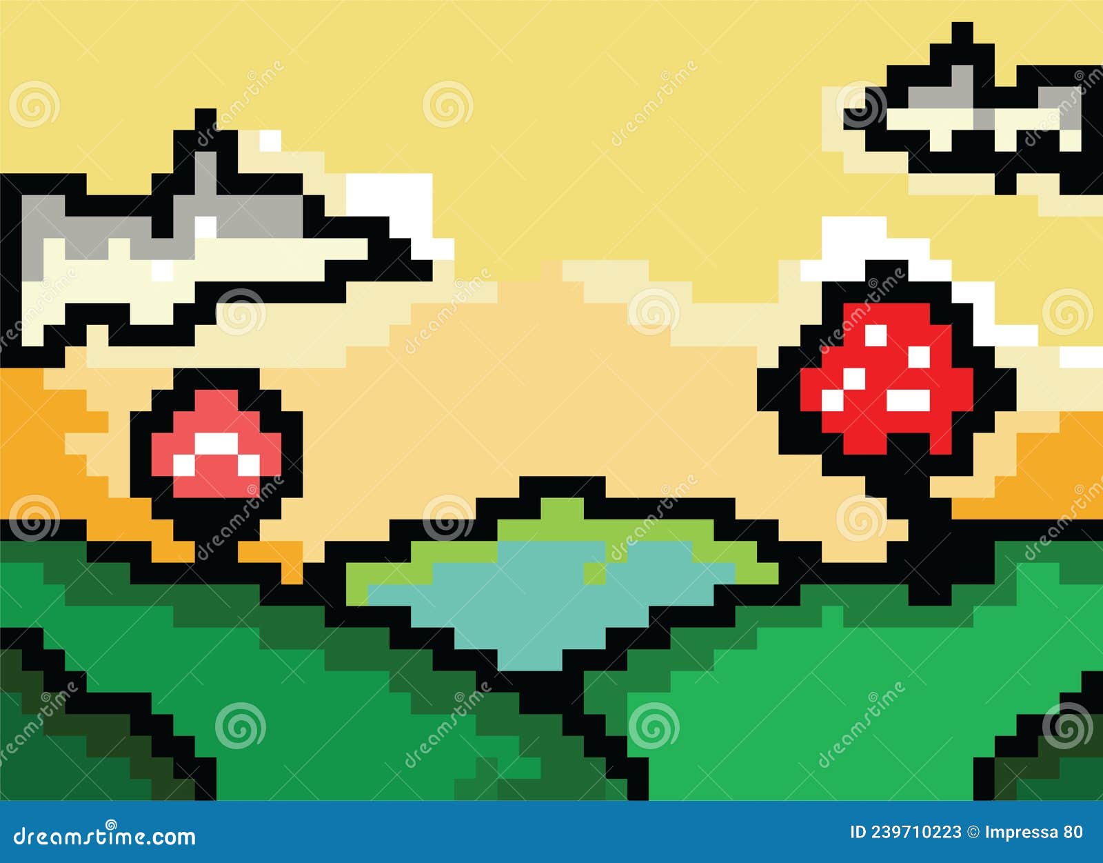 Pixel Art Concept of Green Hills with Trees and Cloudy Sky with Bright ...