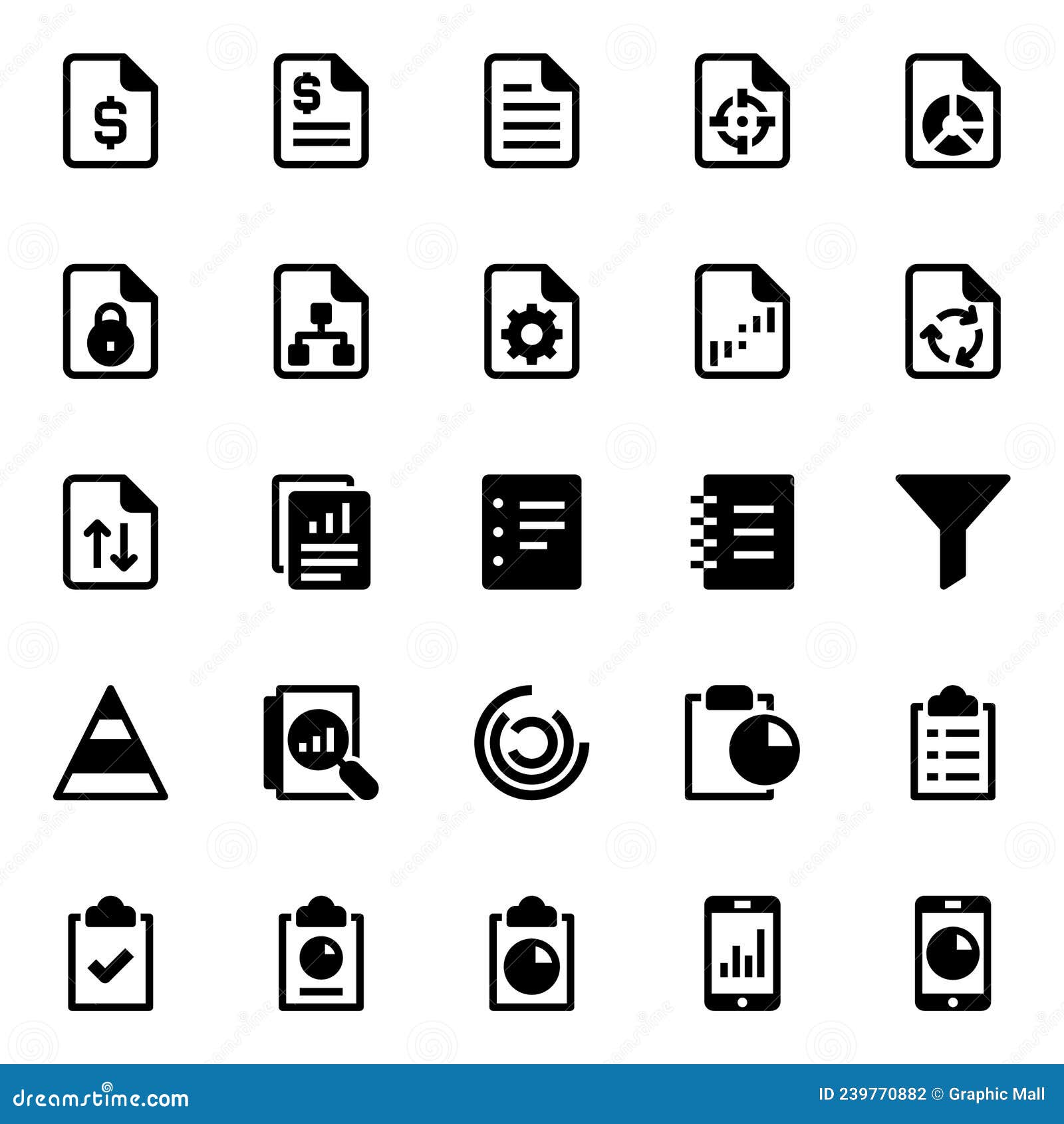 Glyph Icons for Reports and Analytics. Stock Vector - Illustration of ...