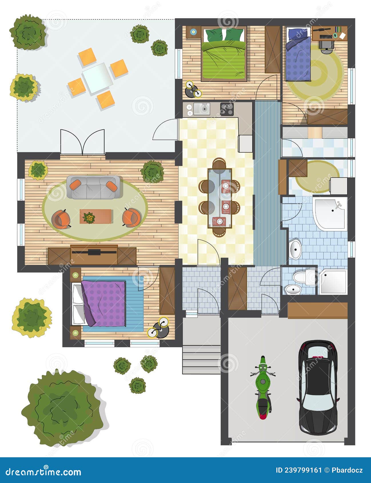 Colorful Floor Plan of a House. Stock Vector - Illustration of bush ...