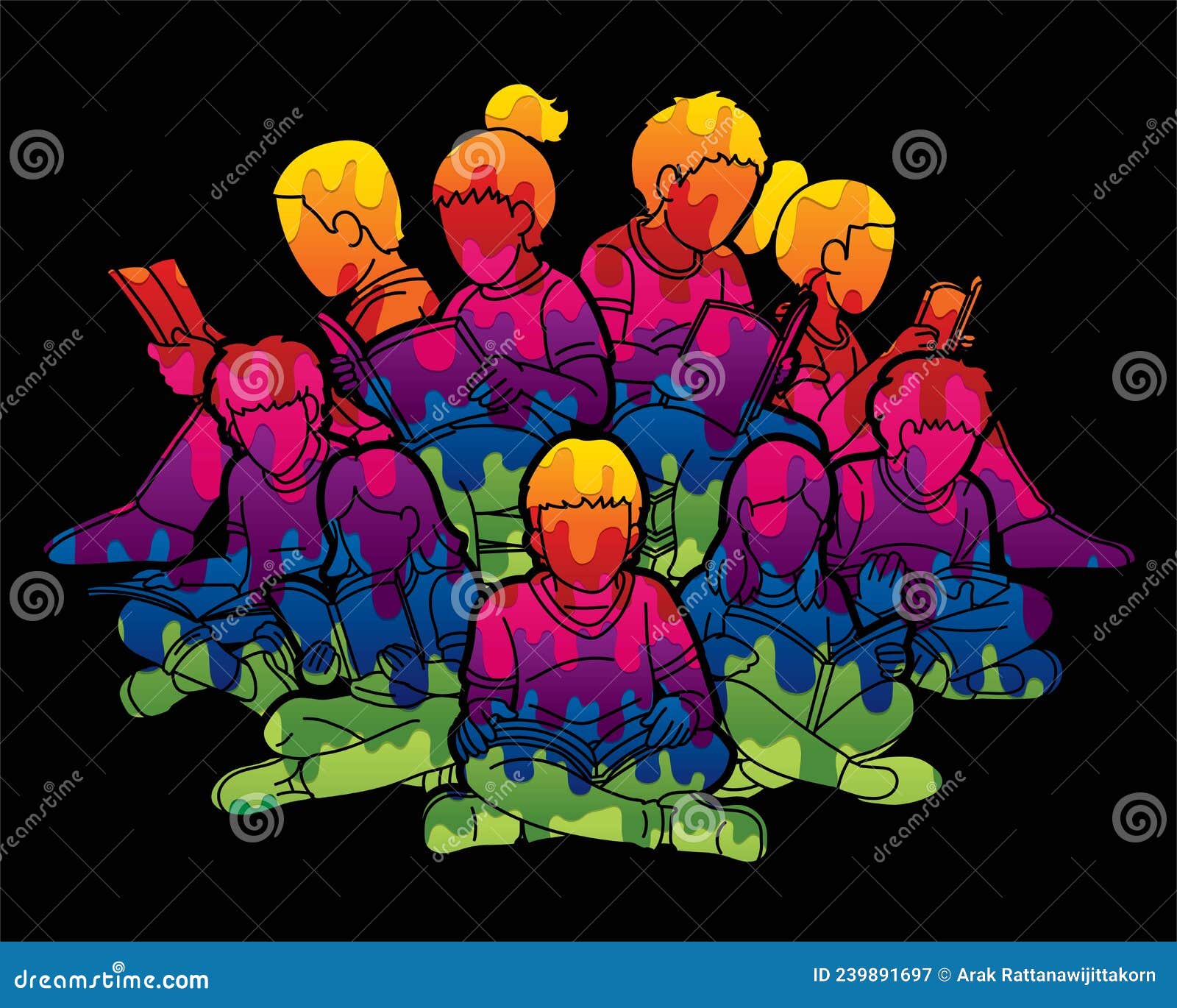 Group of Children Reading Books Together Cartoon Graphic Vector Stock ...