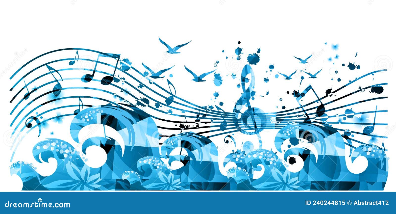 Musical Poster with Musical Notes, Waves and Gulls Isolated Vector ...