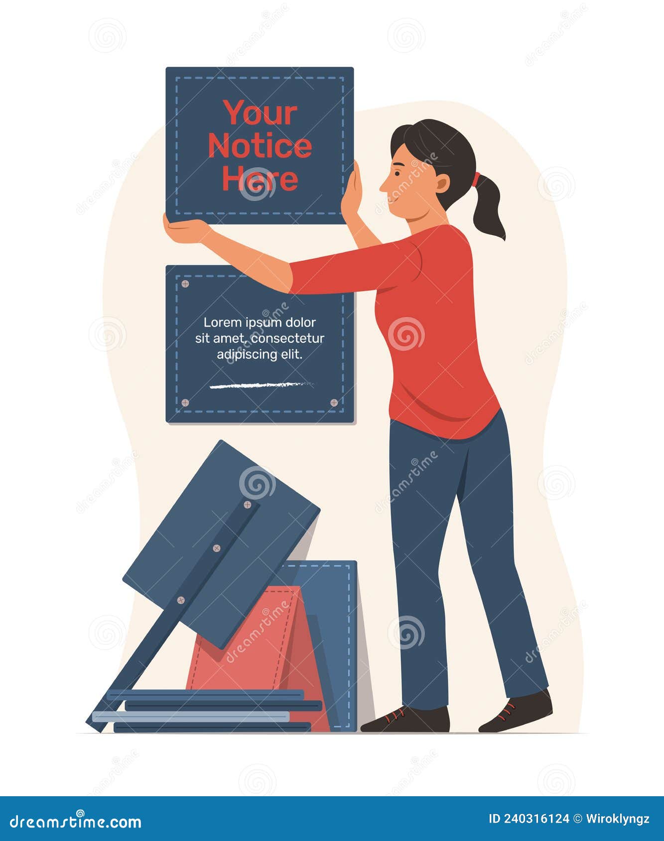 Woman Hanging a Notice Board for Advertising Concept Illustration Stock ...