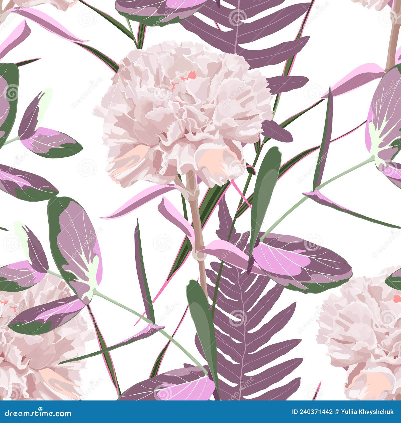 Seamless Tropical Clove Flowers and Herbs Pattern with Pink Leaves on ...