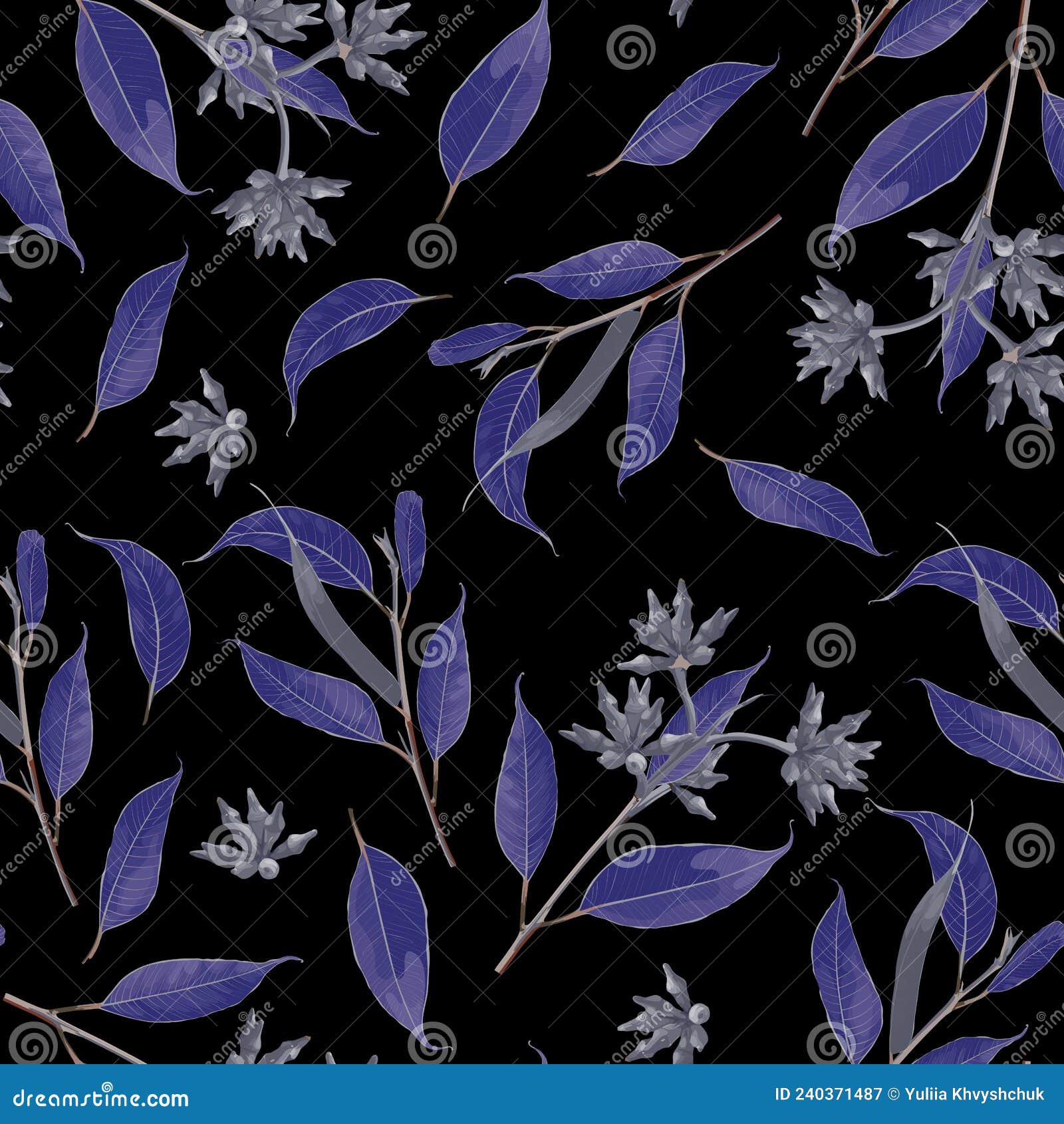 Seamless Pattern with Branches of Abstract Blue Eucalyptus in Bloom on ...