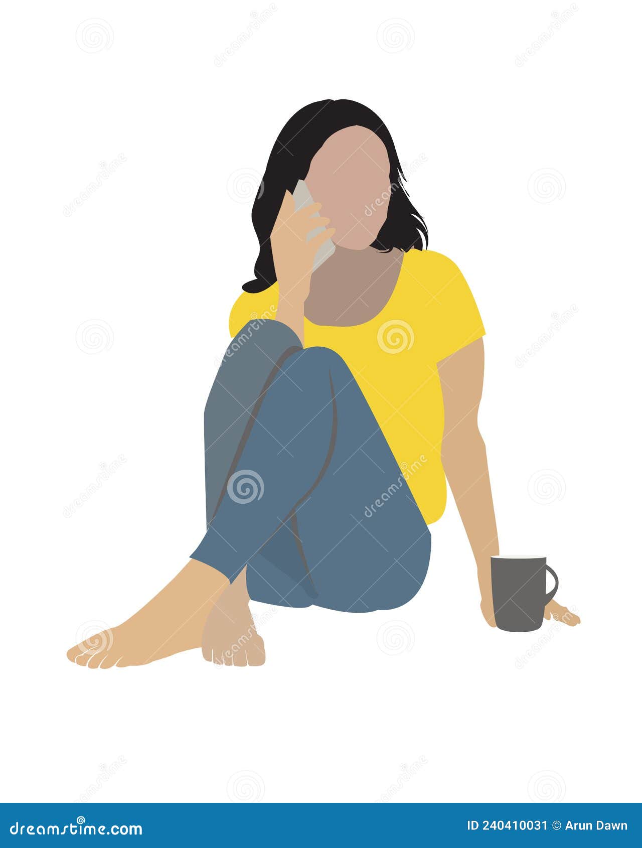 Lady Using Mobile Phone, Sitting on the Floor, Relaxing, Taking Coffee ...