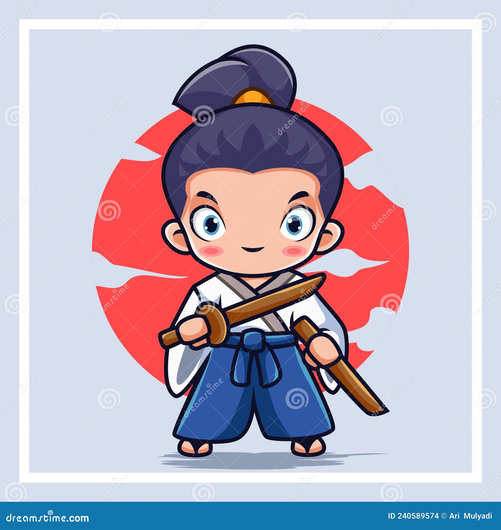Cartoon Cute Little Samurai Holding a Wooden Sword Stock Vector ...