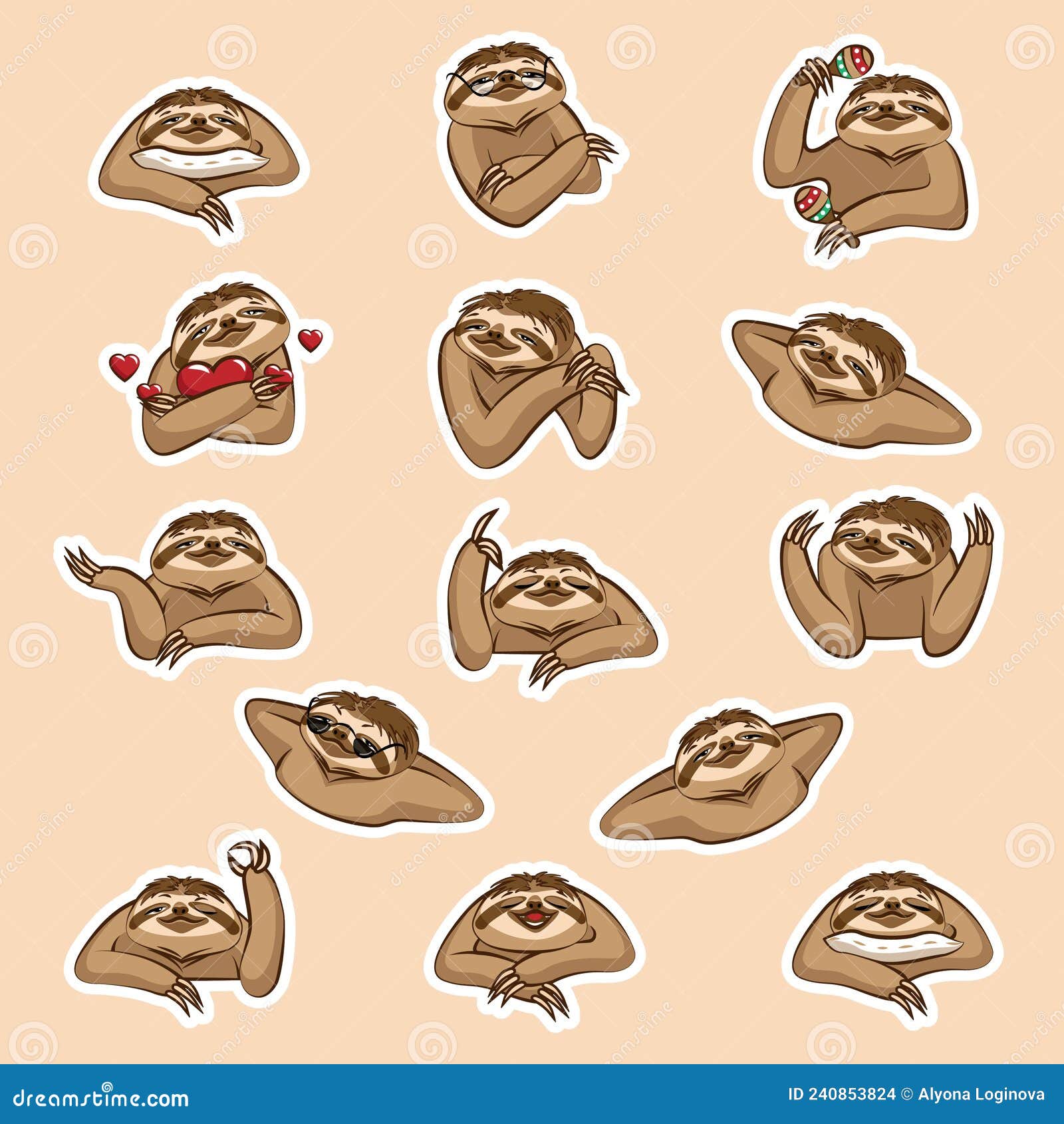 A Set of Different Emotions of a Funny Cartoon Sloth. Stickers with a ...