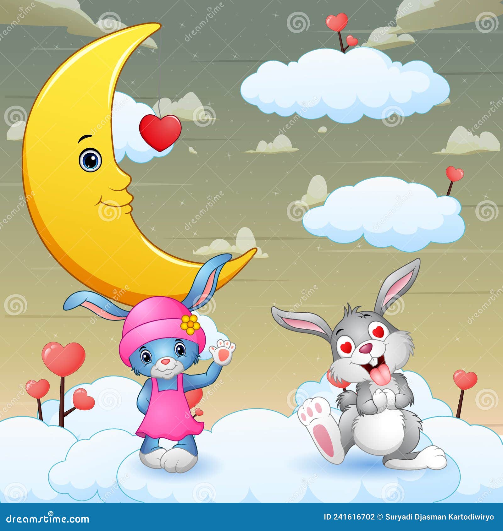 Cute a Moon with Bunnies in the Sky Stock Vector - Illustration of ...