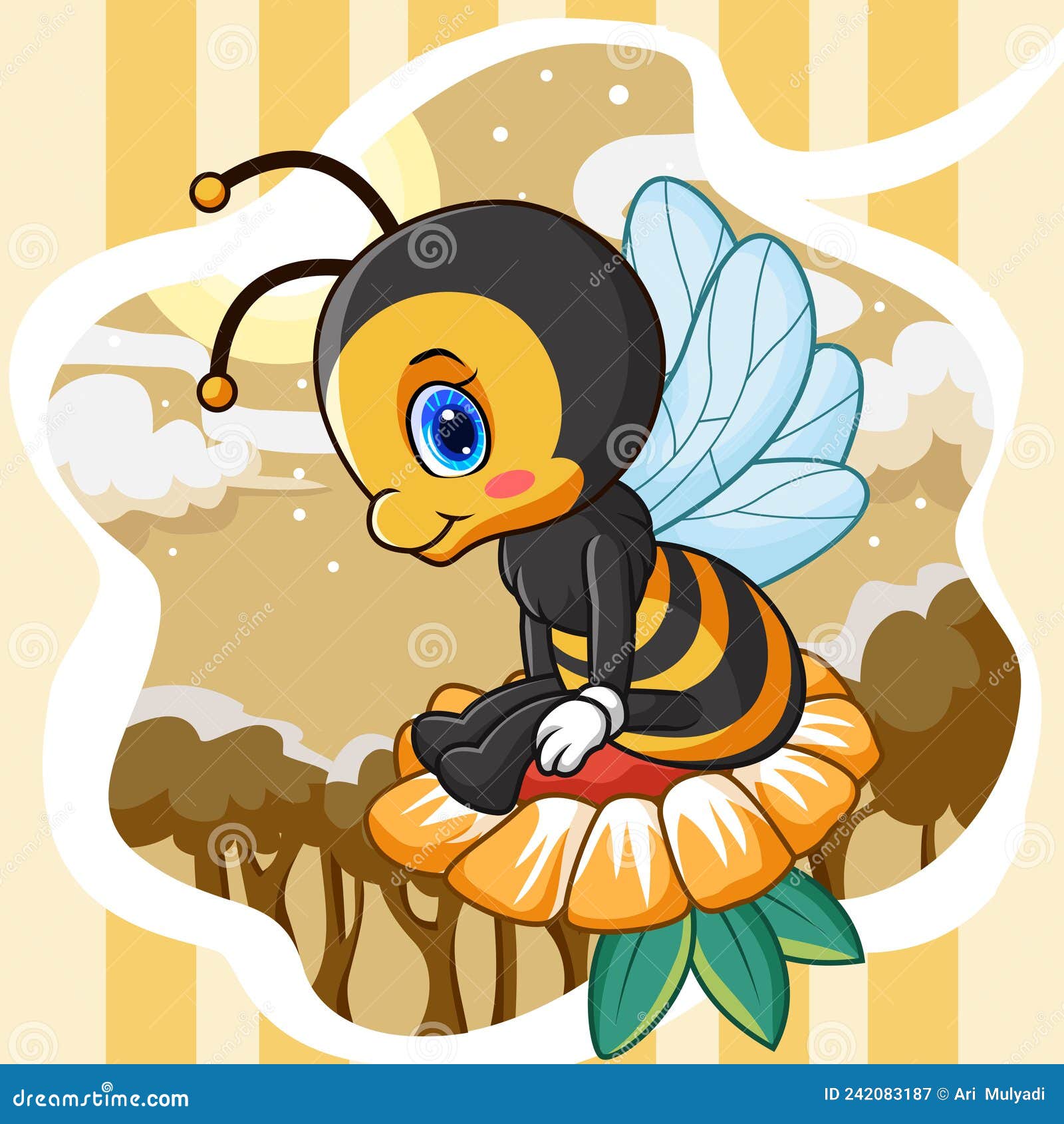 Cartoon Bee Sitting on a Flower Isolated on a Night View Background ...