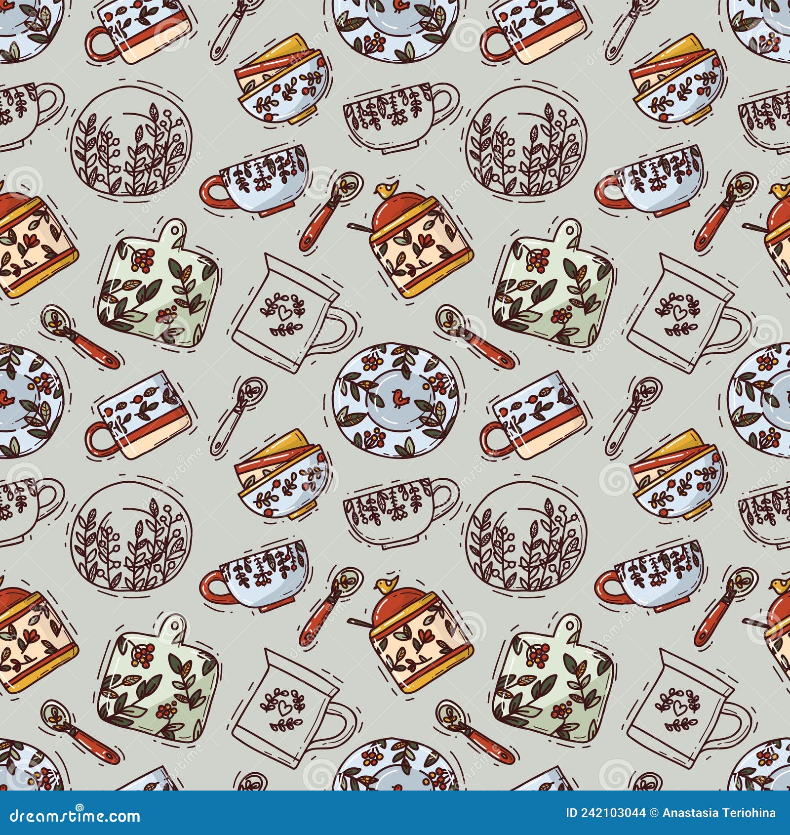 Seamless Pattern with Bright Ceramic Dishes Stock Vector - Illustration ...