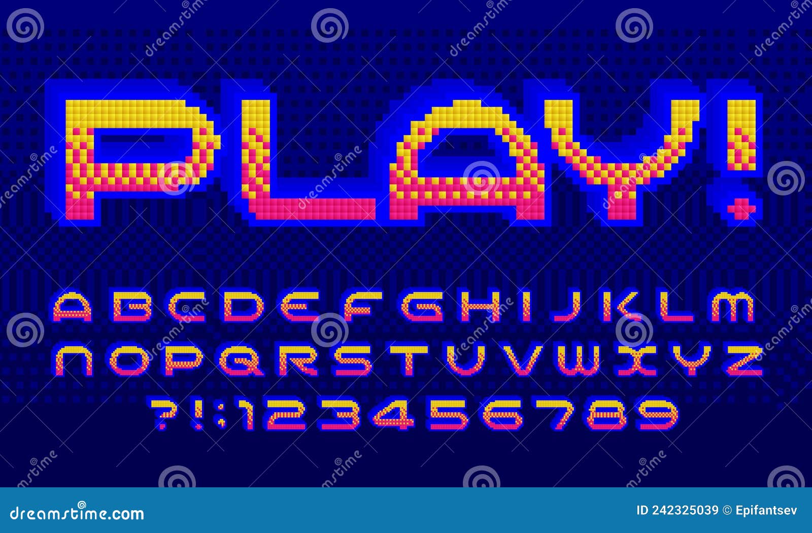 Play Alphabet Font. Retro Pixel Letters And Numbers. Pixel Background ...