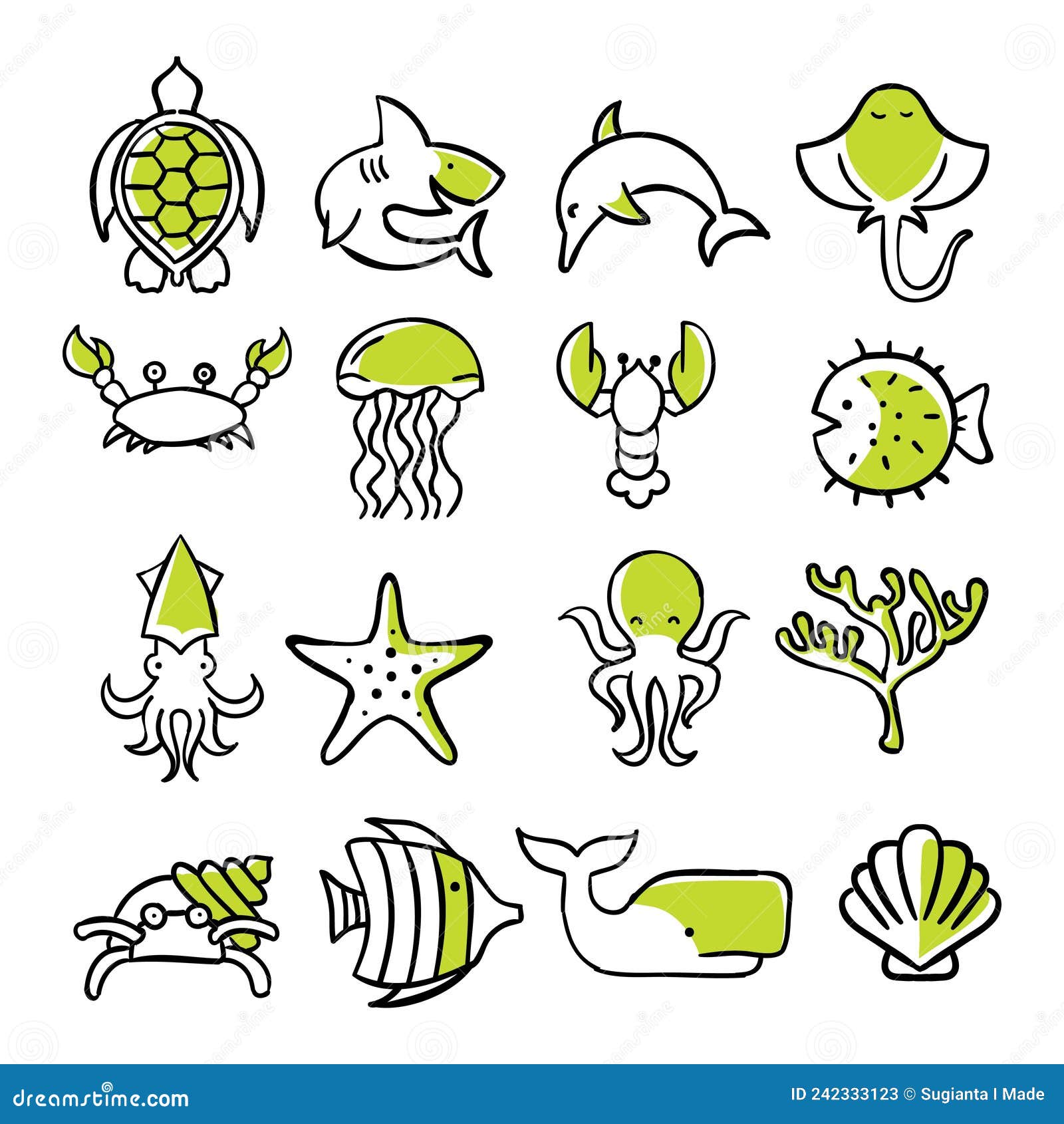 Hand Drawn Style of Sea Creature Icon Sets Vector. Stock Vector ...
