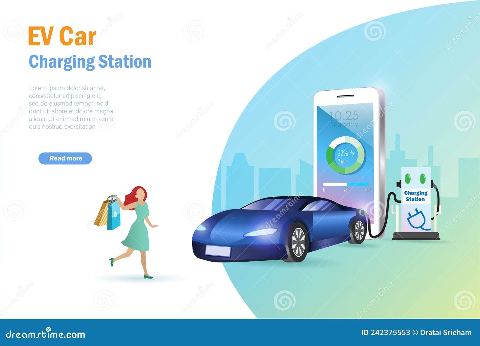 EV Car, Woman Shopping While Waiting Electric Vehicle Charging Battery ...
