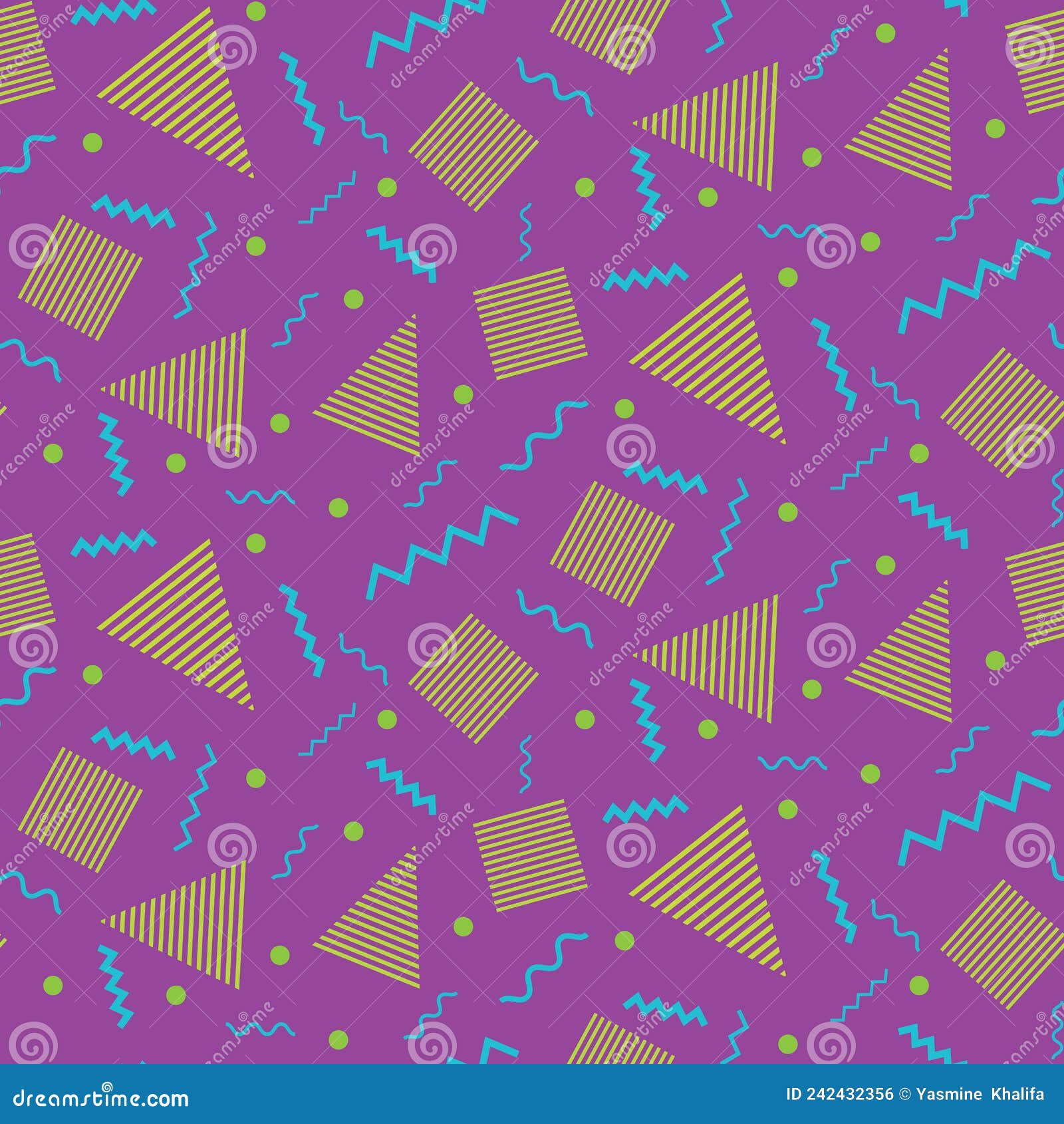 Abstract Geometric Shapes Seamless Pattern in Yellow and Blue Over Neon ...