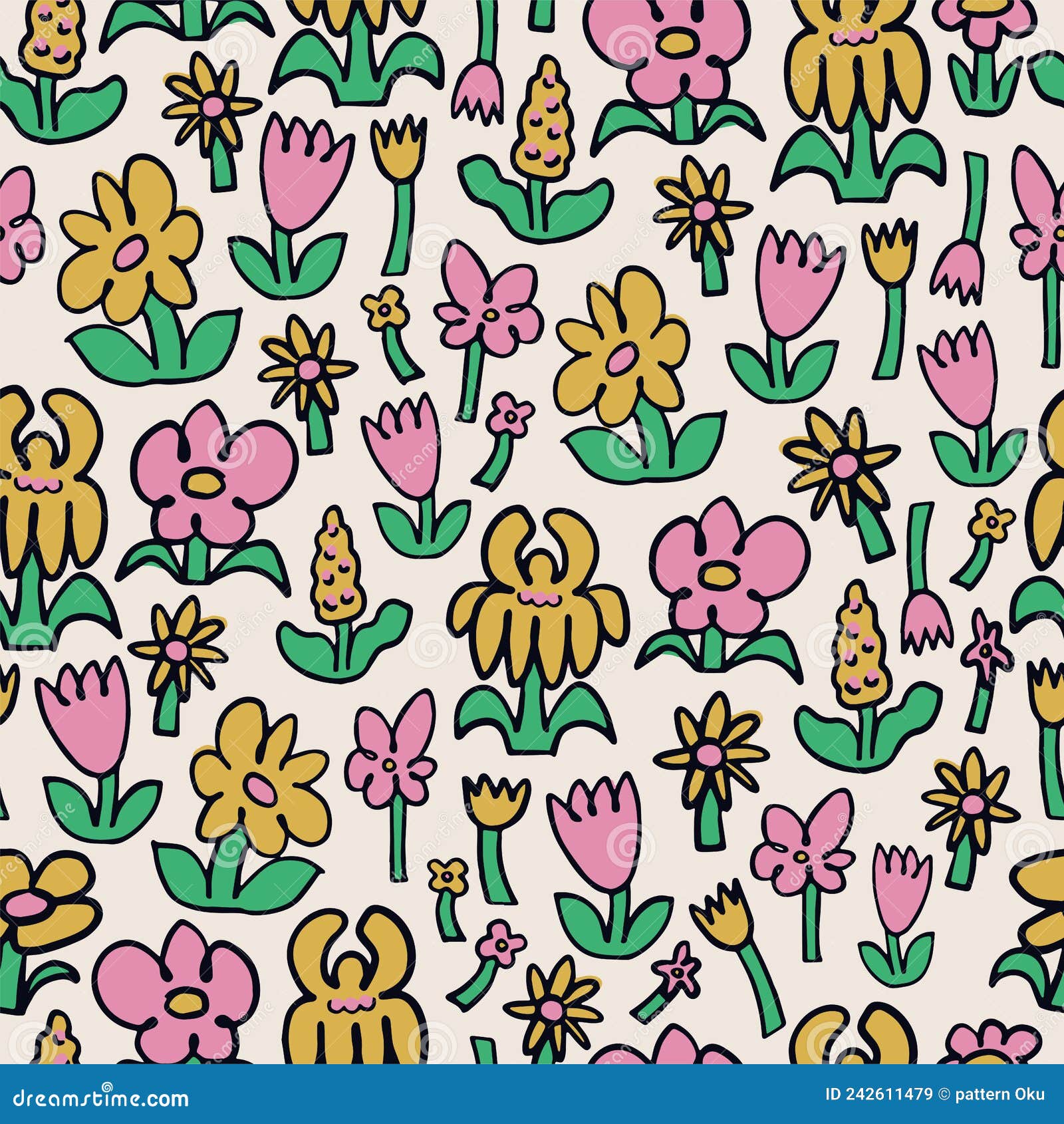 Vector Hand-drawn Doodle Flowers Illustration Seamless Repeat Pattern ...