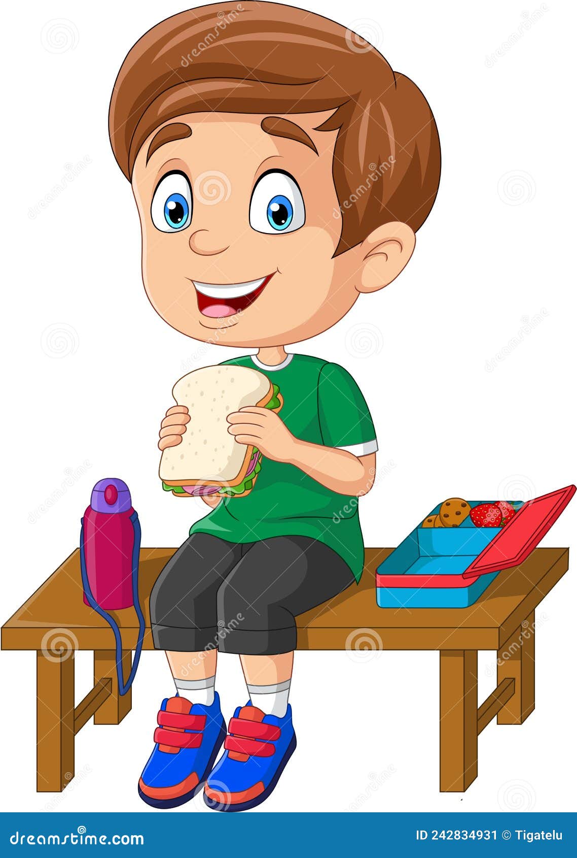 Cartoon Little School Boy Eating Bread Stock Vector - Illustration of ...