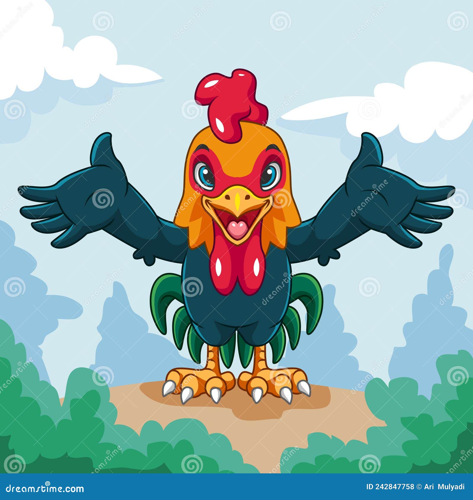 Cartoon Cute Green Rooster Having Fun in the Garden Stock Vector ...