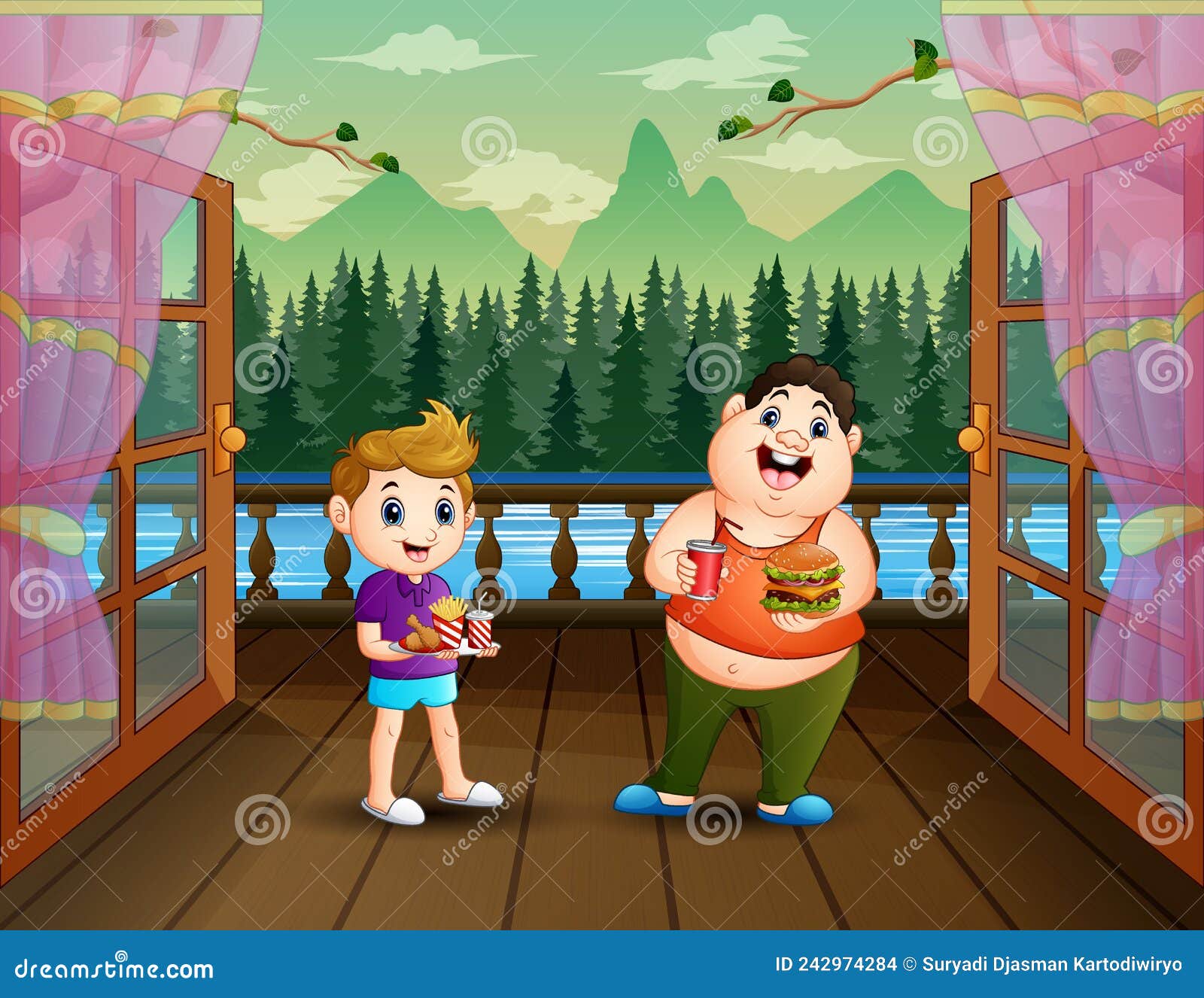 Cartoon Two Boys Bringing Food To Eat Together at Home Stock ...