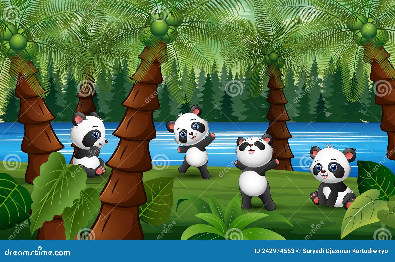 Cute Happy Panda Cartoon Playing in a Palm Forest Stock Illustration ...