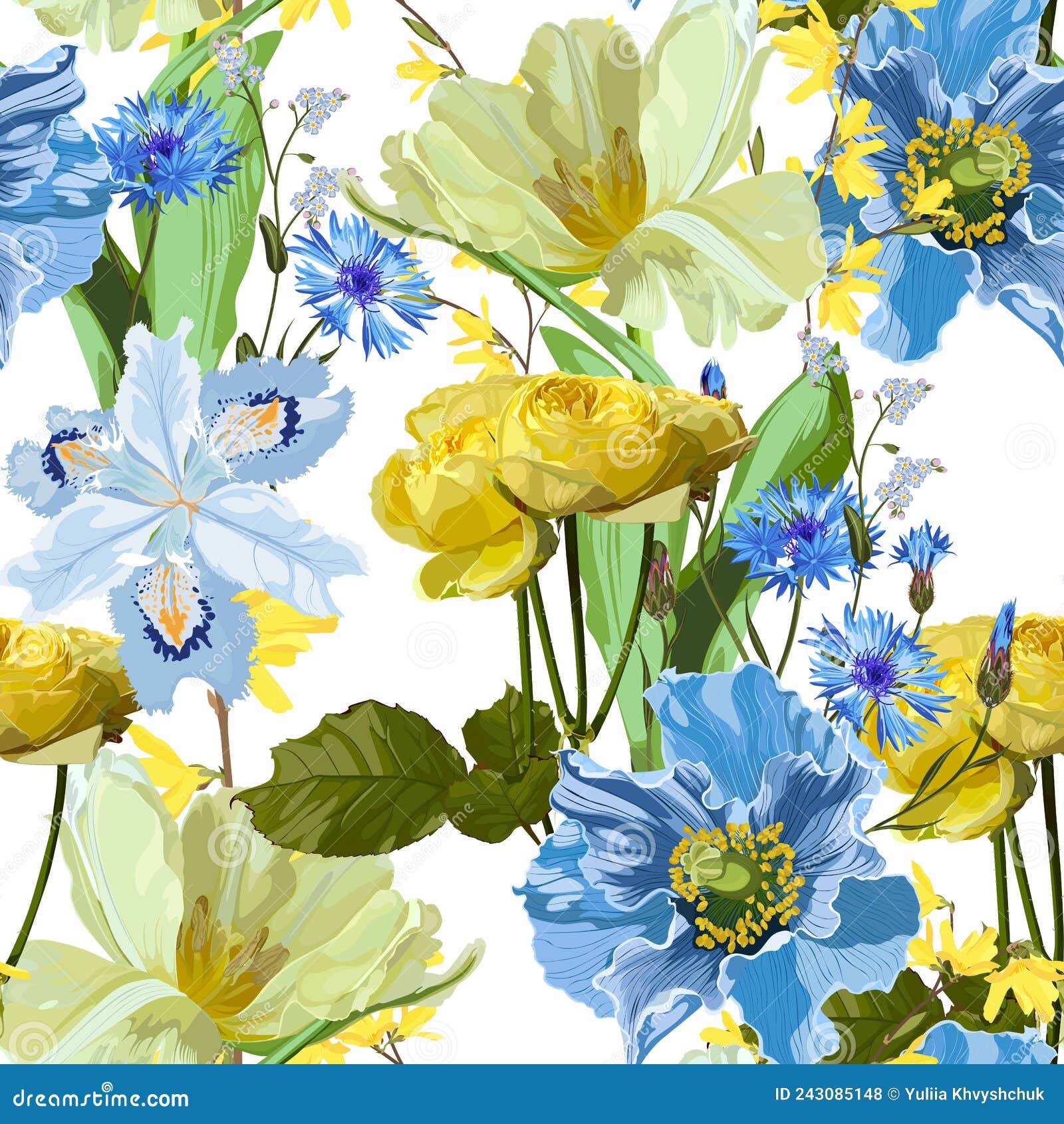 Seamless Pattern with Yellow Blue Flowers of Traditional Ukraine Colors ...