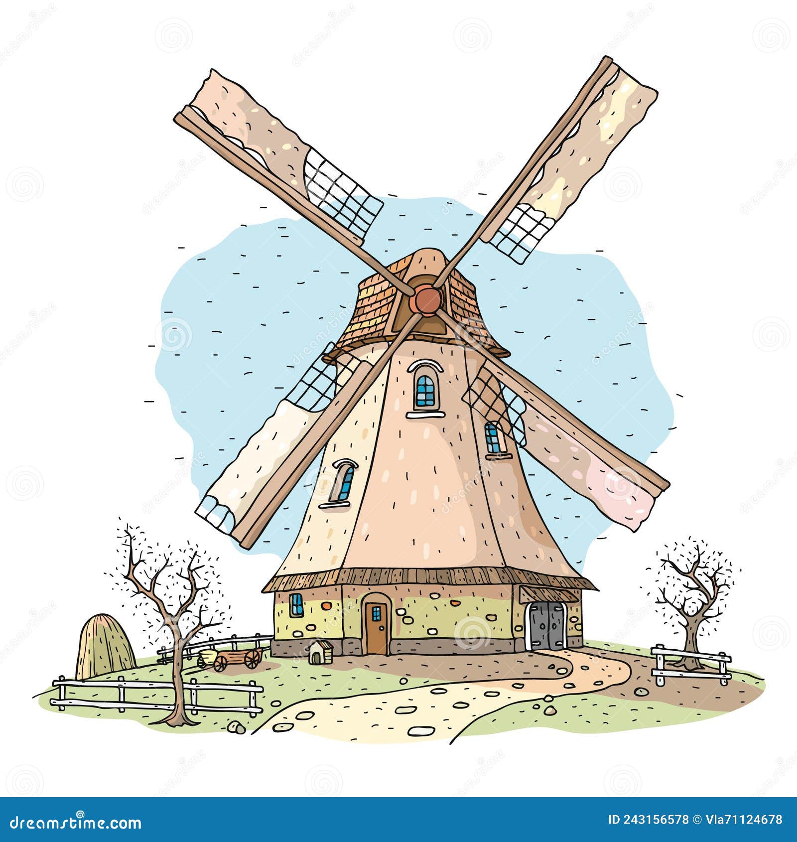 Dutch Windmill with Doghouse Haystack and Trees Stock Illustration ...