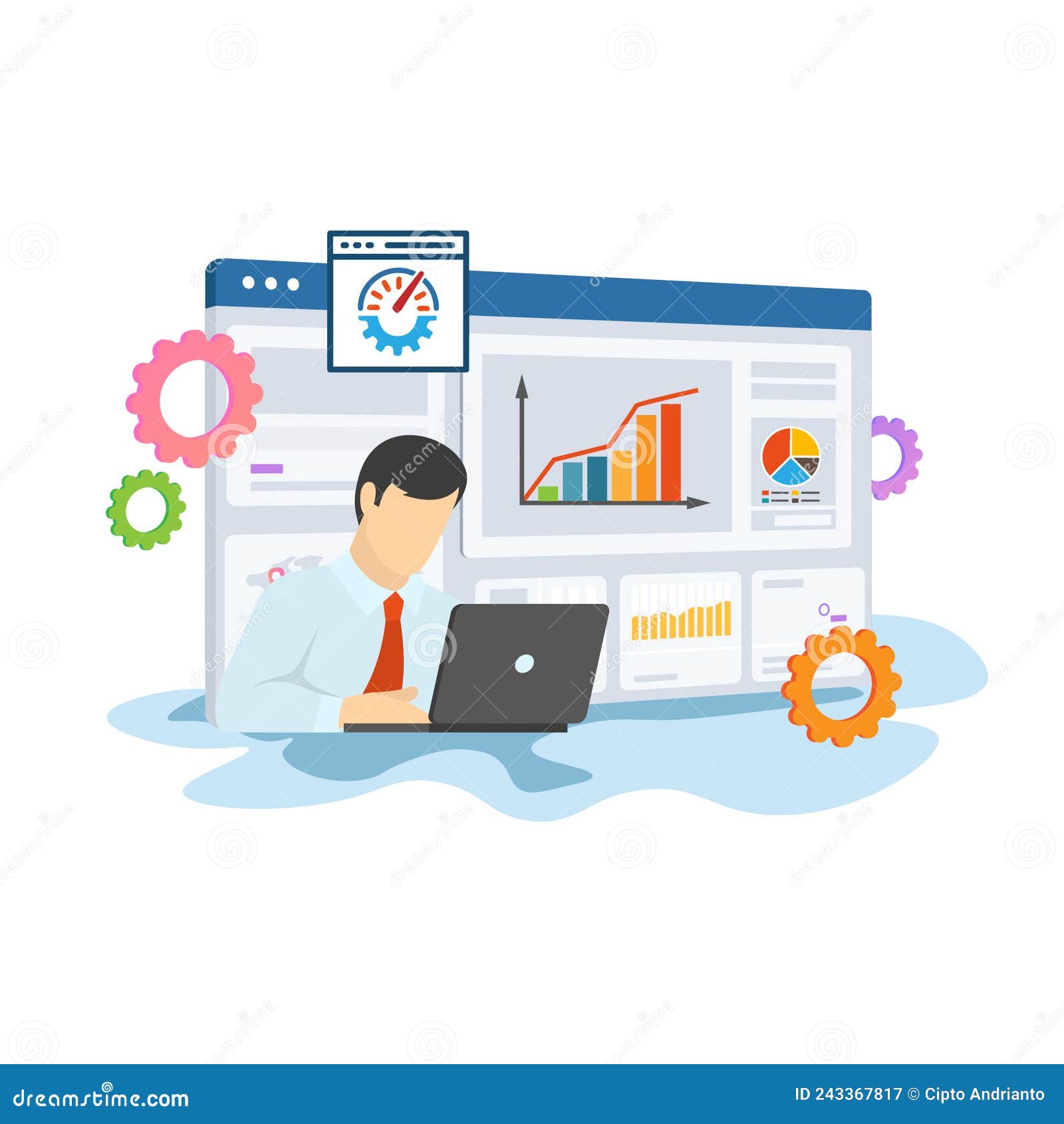 Man Working with Graphs and Charts on PC. Stock Vector - Illustration ...
