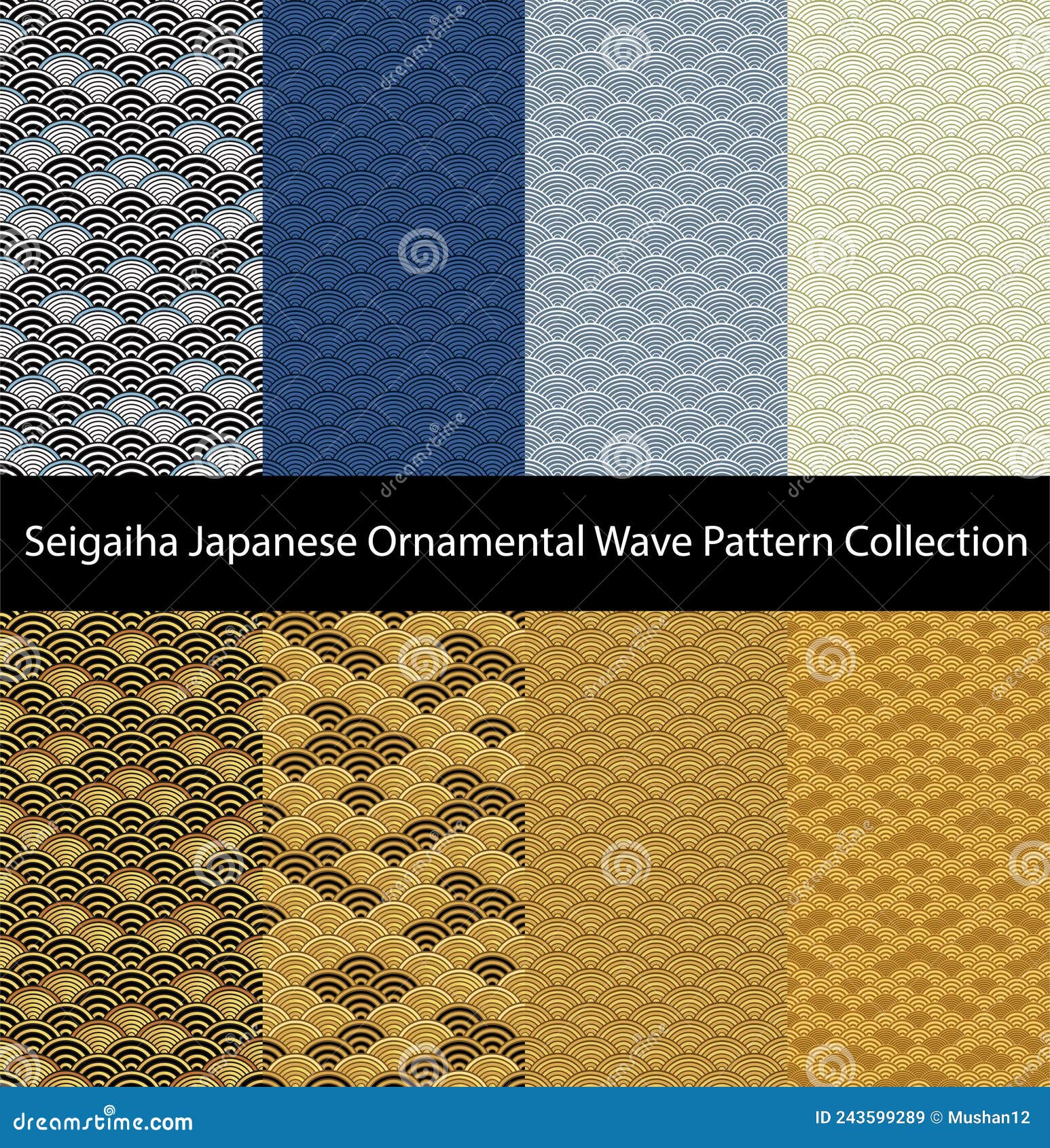 Collection of Gold and Blue Seigaiha Japanese Wave Pattern. Stock ...