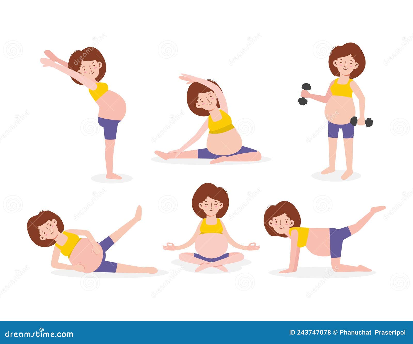 Set of Happy Pregnant Woman with Exercising. Prenatal Exercise Healthy ...