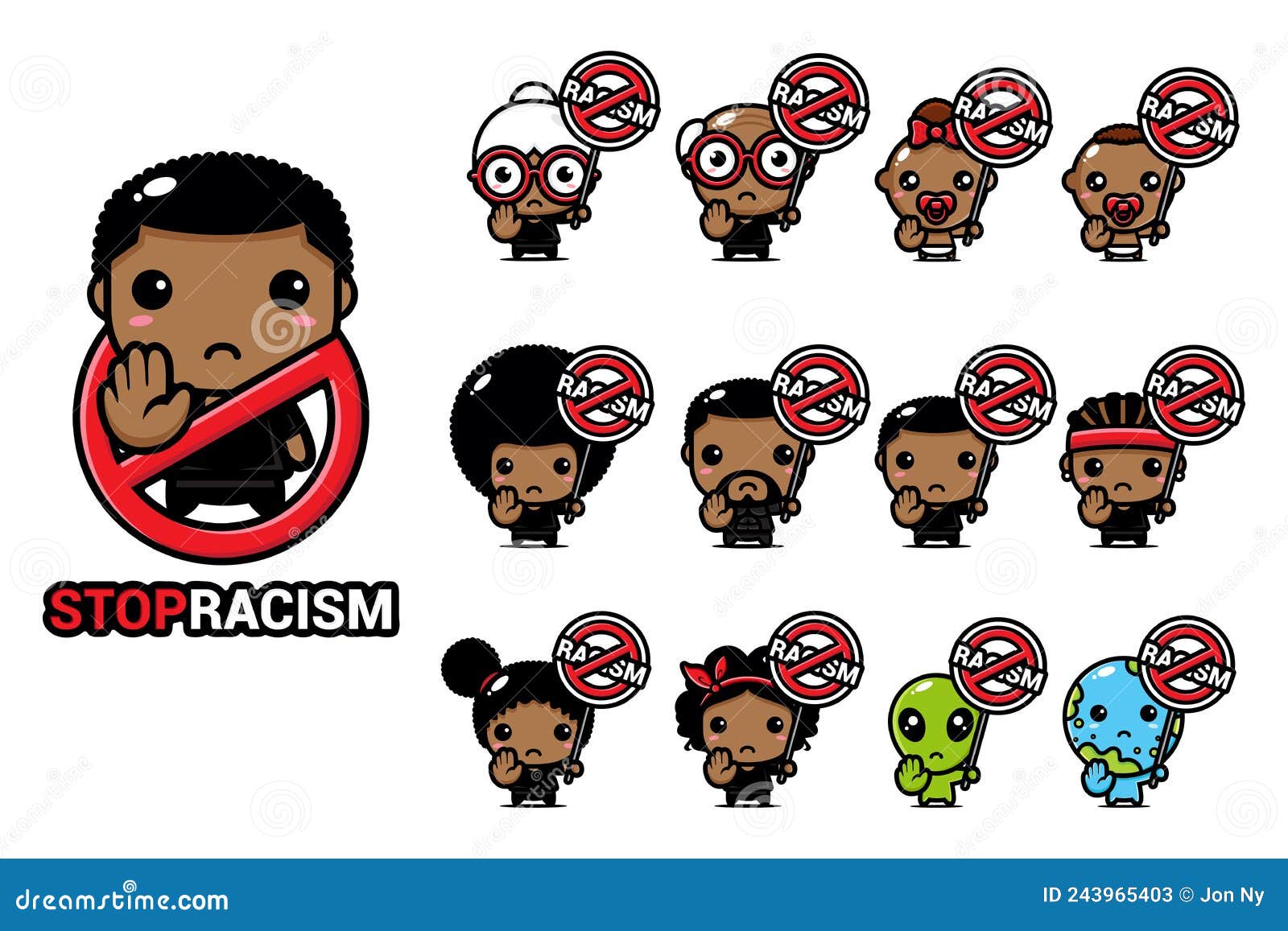 Character Bundle Set Design with Stop Racism Symbol Stock Vector ...