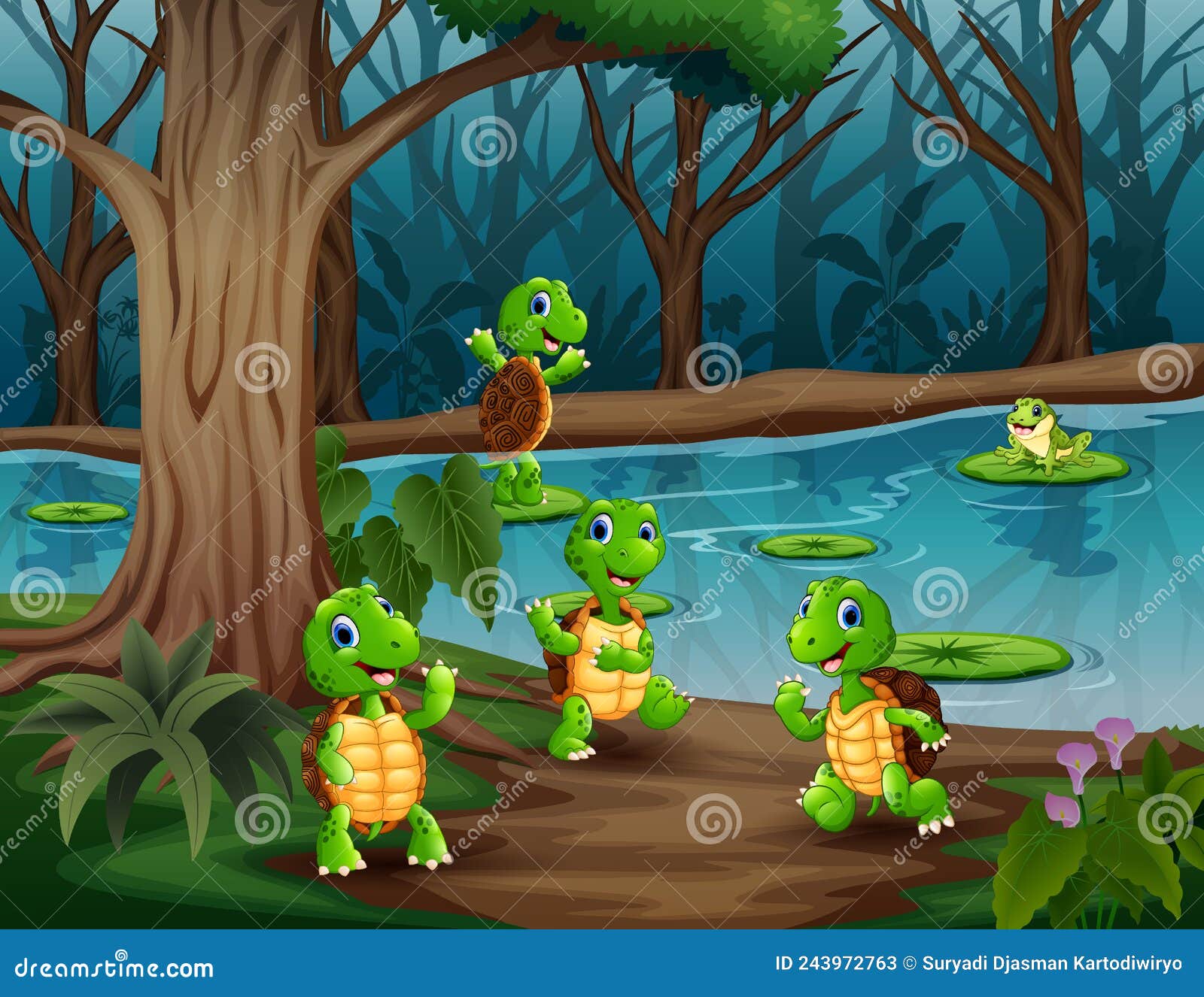 Cute Cartoon Turtles and Frogs Playing in the River Stock Vector ...