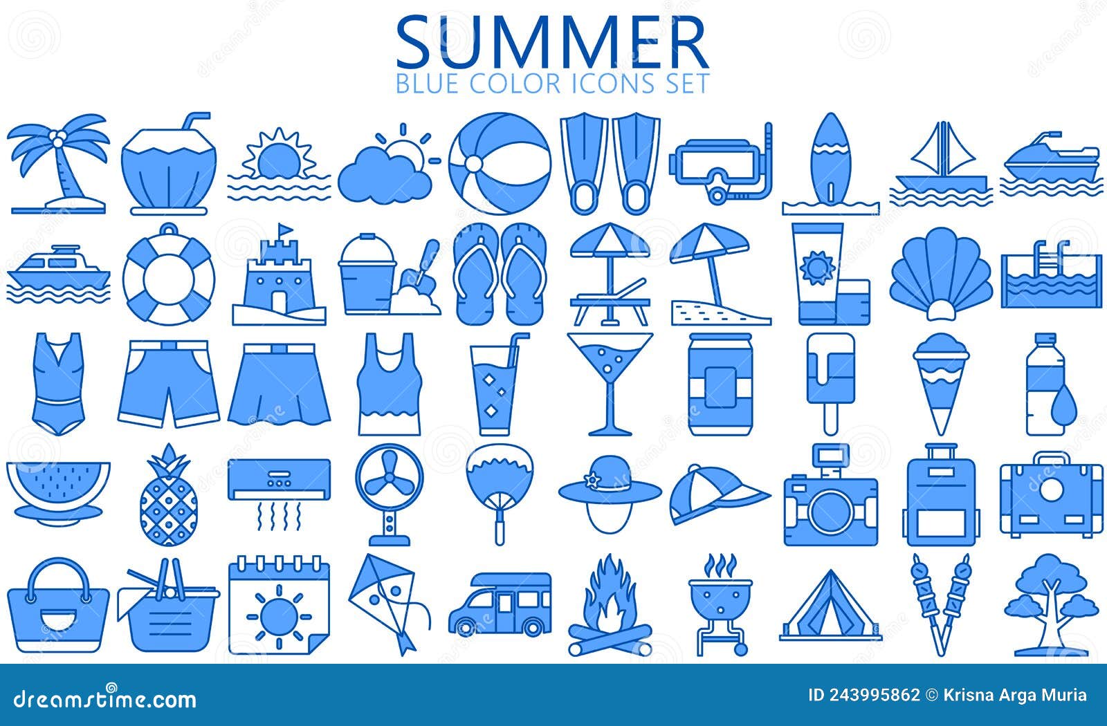 Summer and Holidays Blue Color Icons Set Stock Vector - Illustration of ...