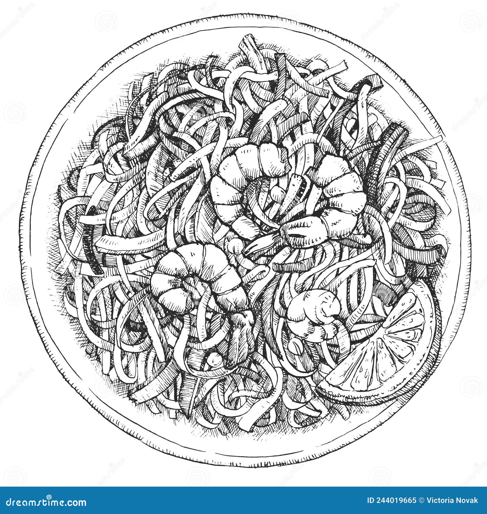 Asian Dishes. Hand-drawn Illustration of Shrimp Stir Fry Noodle. Vector ...